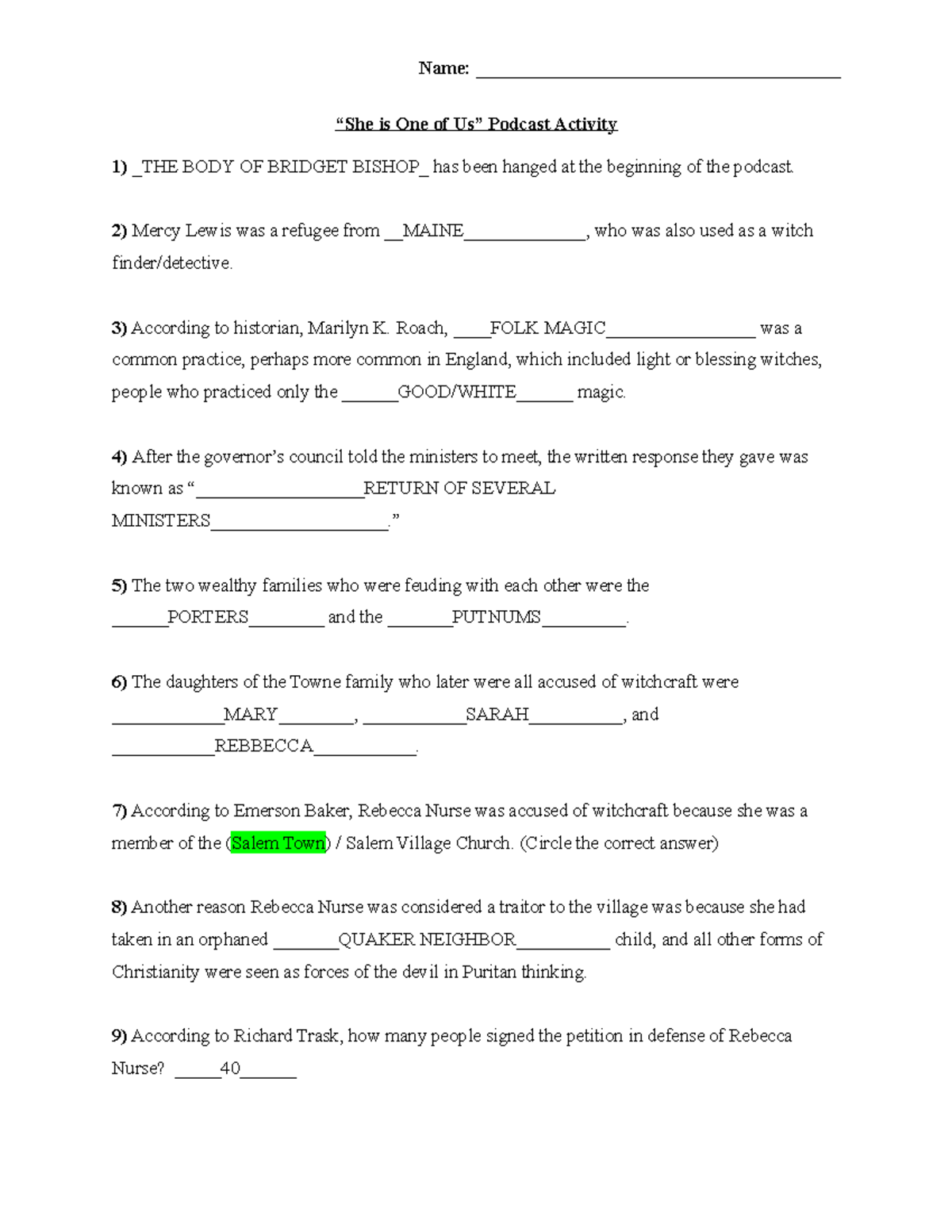 Unobscured Witch Trial Podcast worksheet - Name