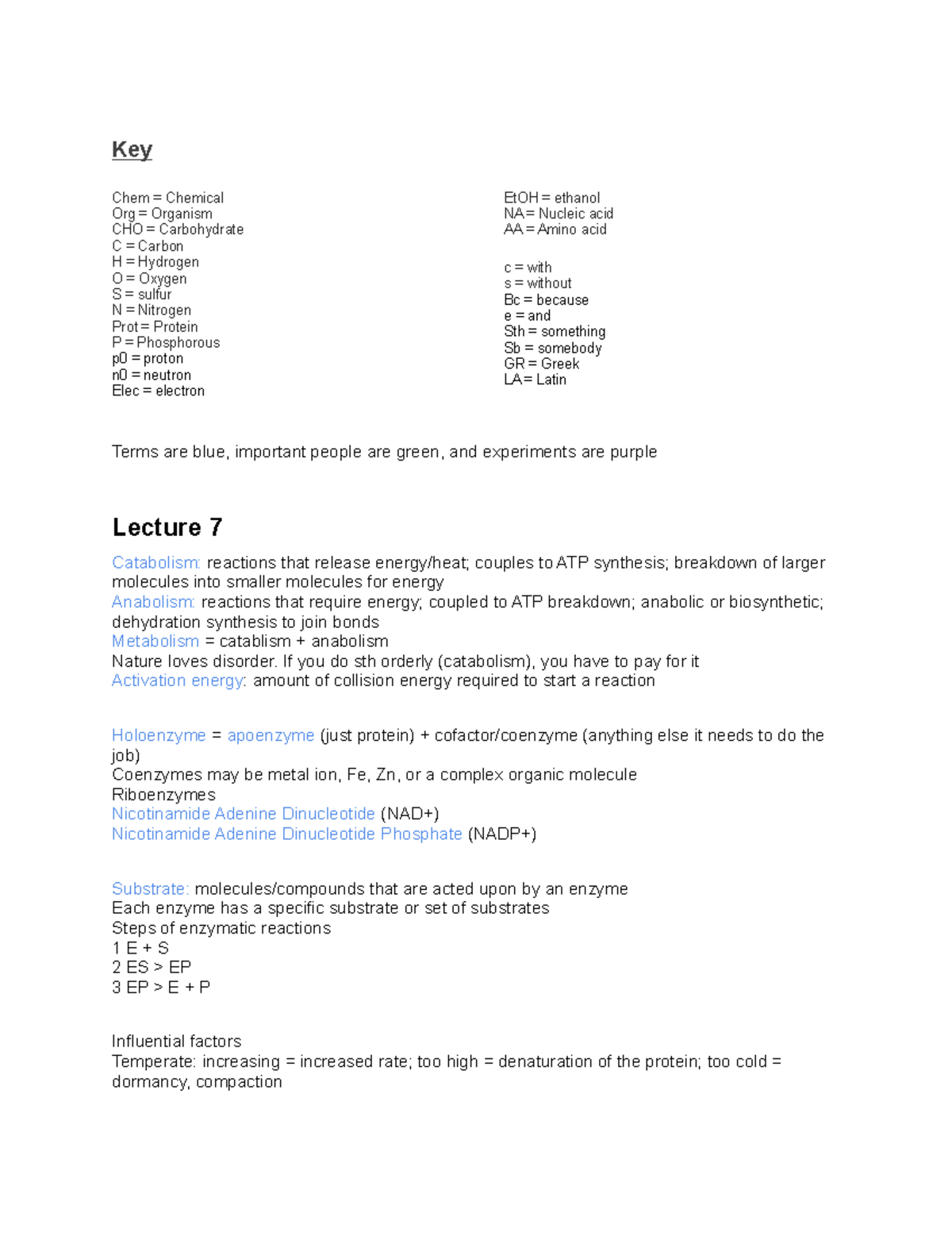 BIOL246 Lectures 7-8 - Key Chem = Chemical Org = Organism CHO = Carbohydrate C = Carbon H ...