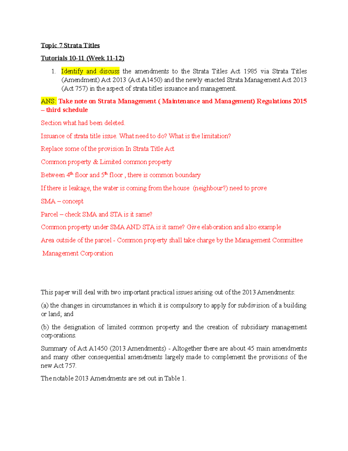 Land tutorial topic 7 - Just for reference - Topic 7 Strata Titles Tutorials 10-11 (Week 11-12 ...