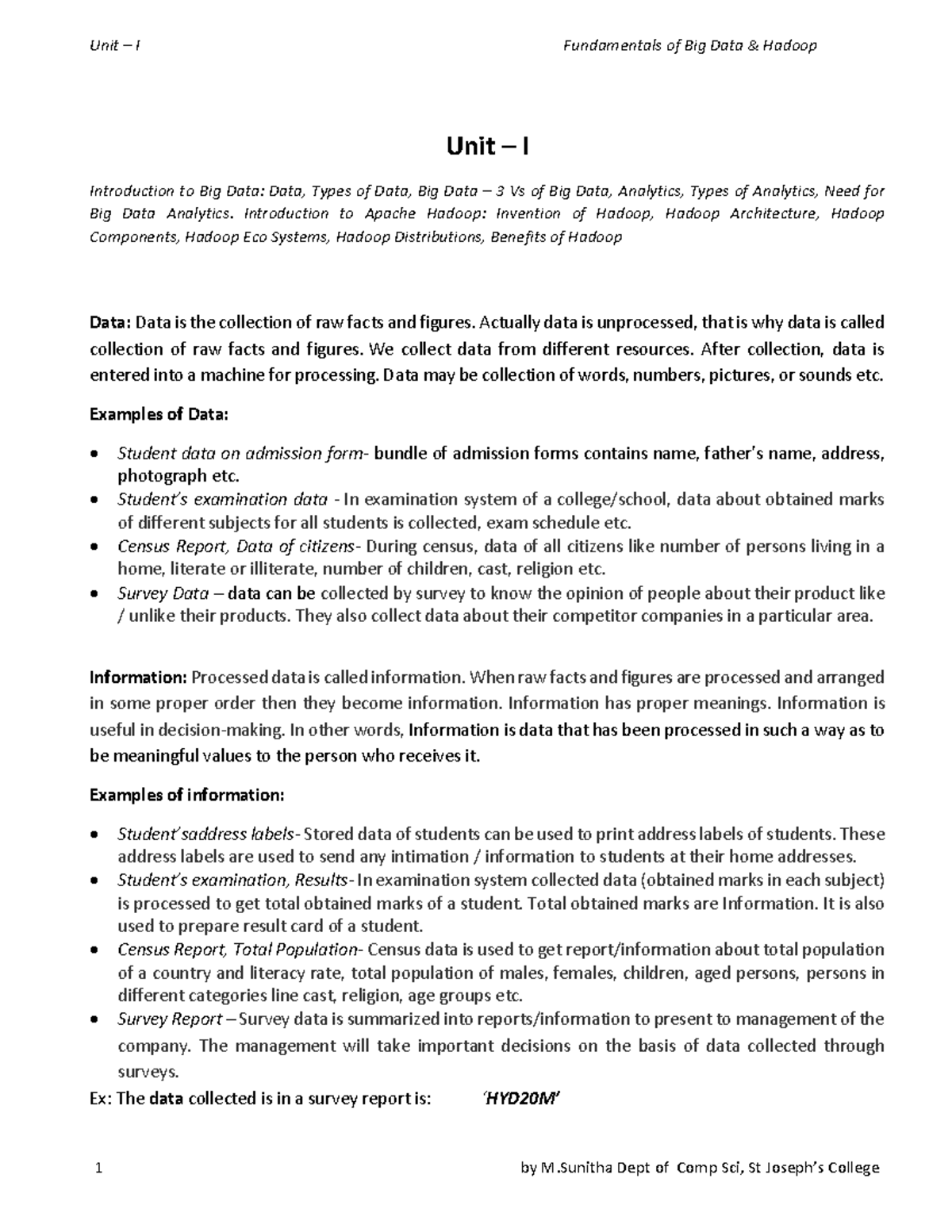 Big Data Notes Unit I Introduction To Big Data Data Types Of Data Big Data 3 Vs Of Big