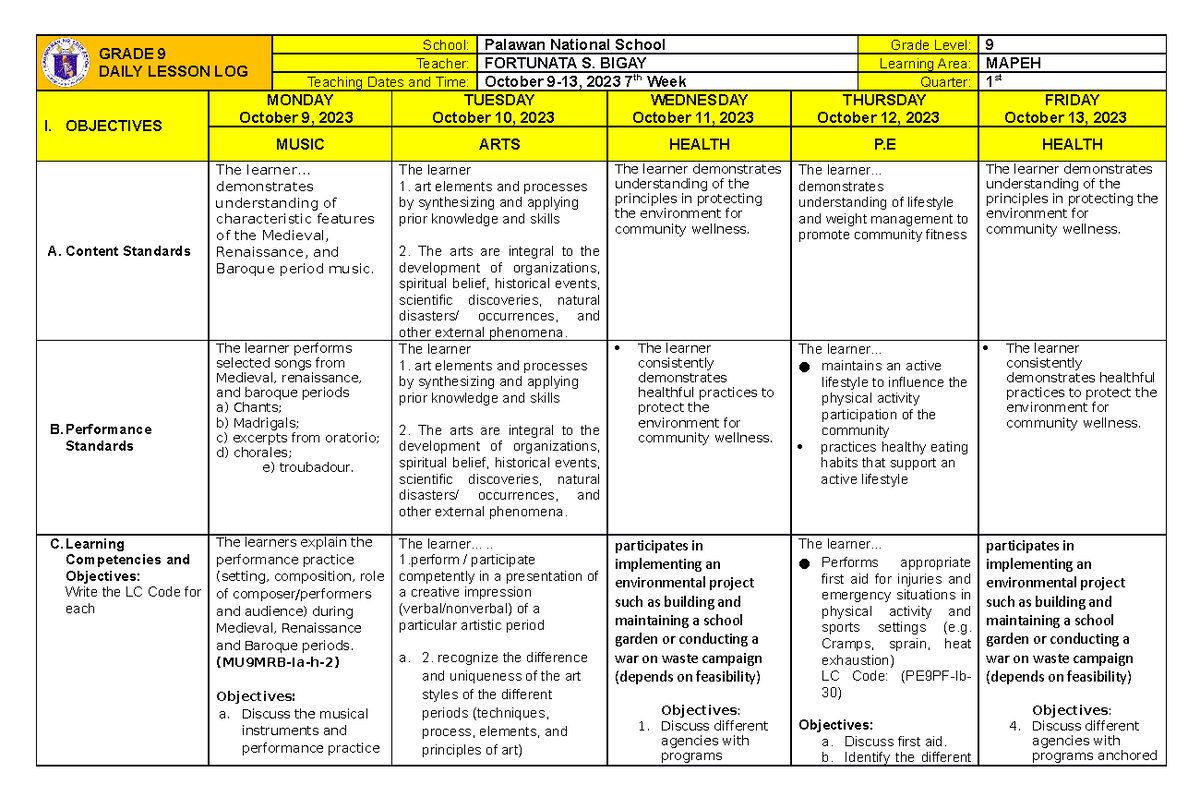 Grade-9 Mapeh Q1-W7 - dbdf - GRADE 9 DAILY LESSON LOG School: Palawan ...