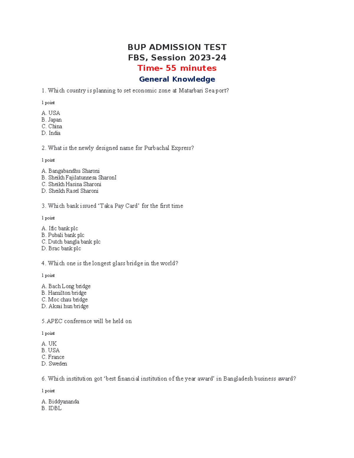 BUP Admission TEST - BUP ADMISSION TEST FBS, Session 2023- Time- 55 ...