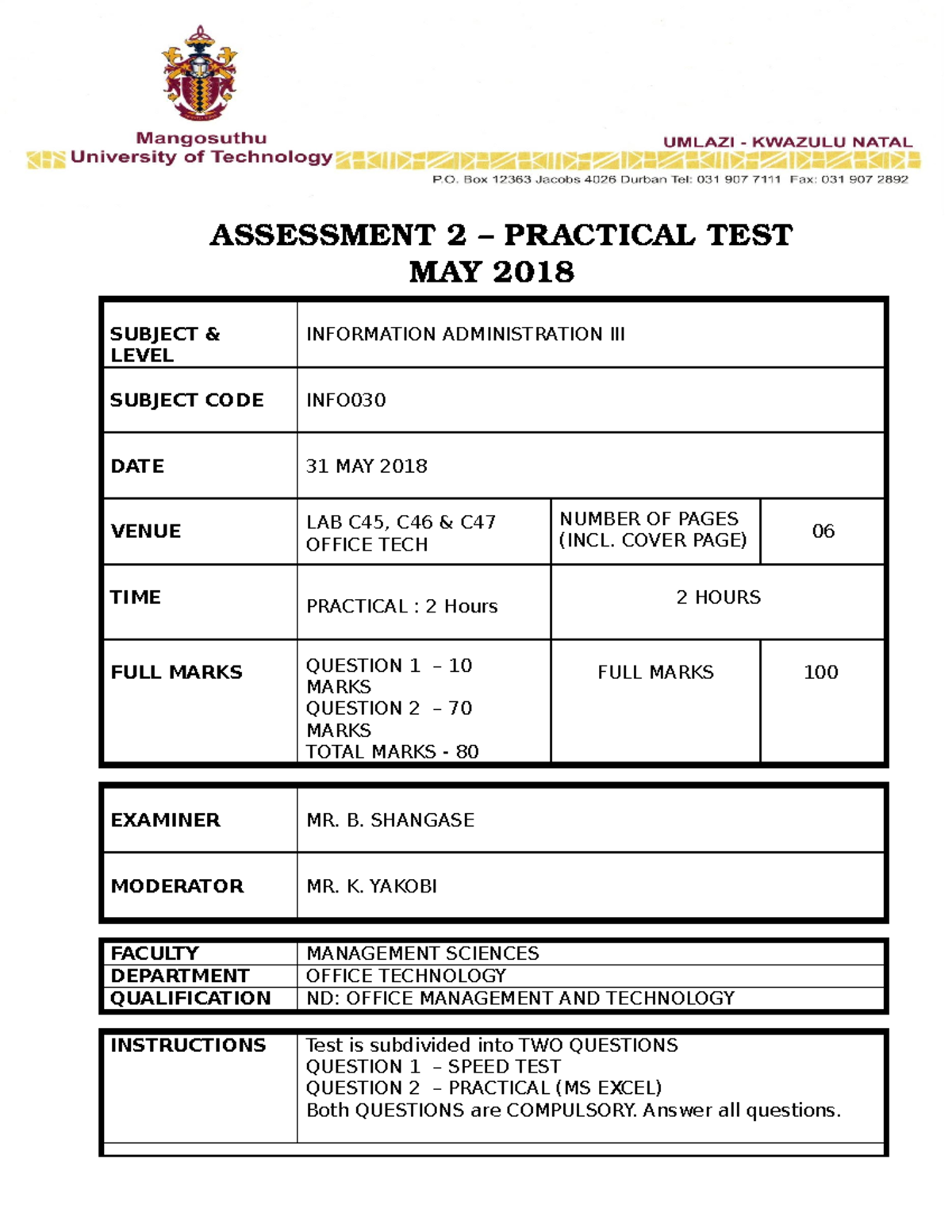 Question Paper - Test 2 - test - ASSESSMENT 2 – PRACTICAL TEST MAY 2018 ...