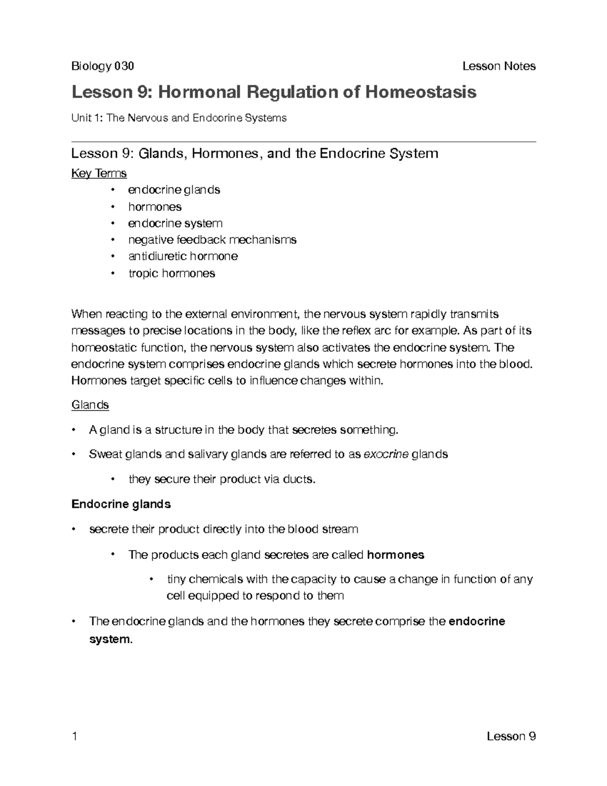 Lesson 9 student notes - practice - Lesson 9: Hormonal Regulation of ...