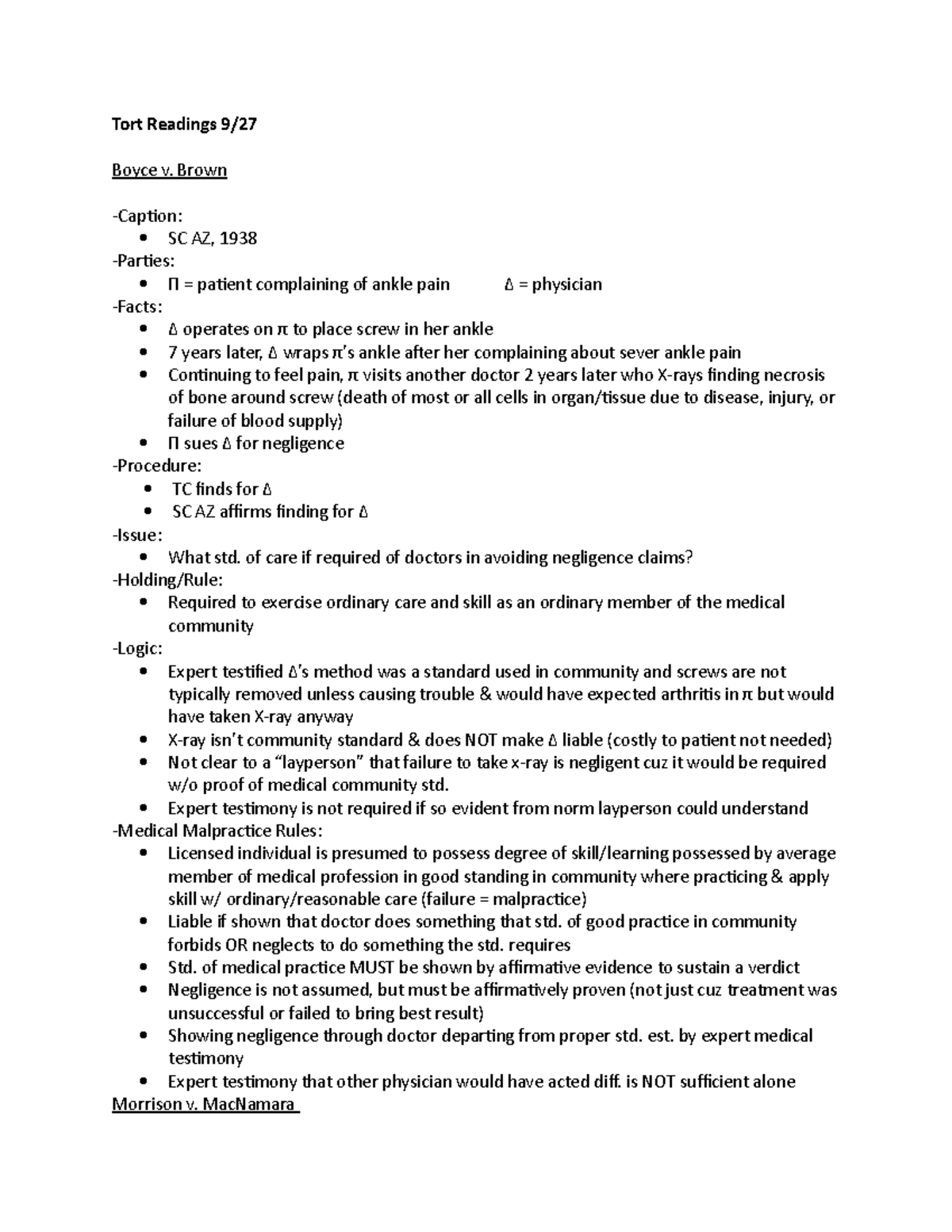 Tort Readings 9:27 - Tort Readings 9/ Boyce v. Brown -Caption: SC AZ, 1938 -Parties: Π = patient ...