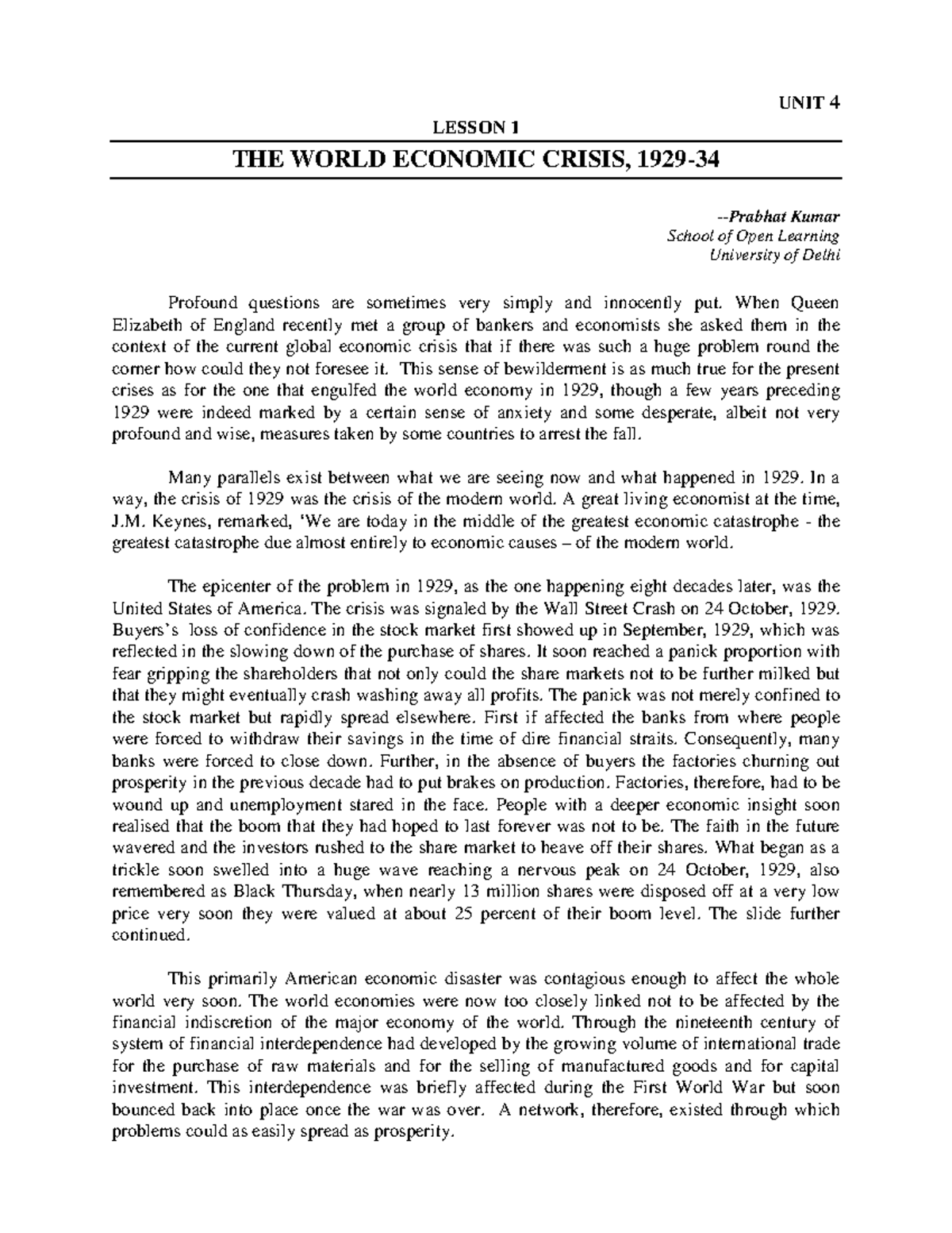 Modernity - UNIT 4 LESSON 1 THE WORLD ECONOMIC CRISIS, 1929-Prabhat ...