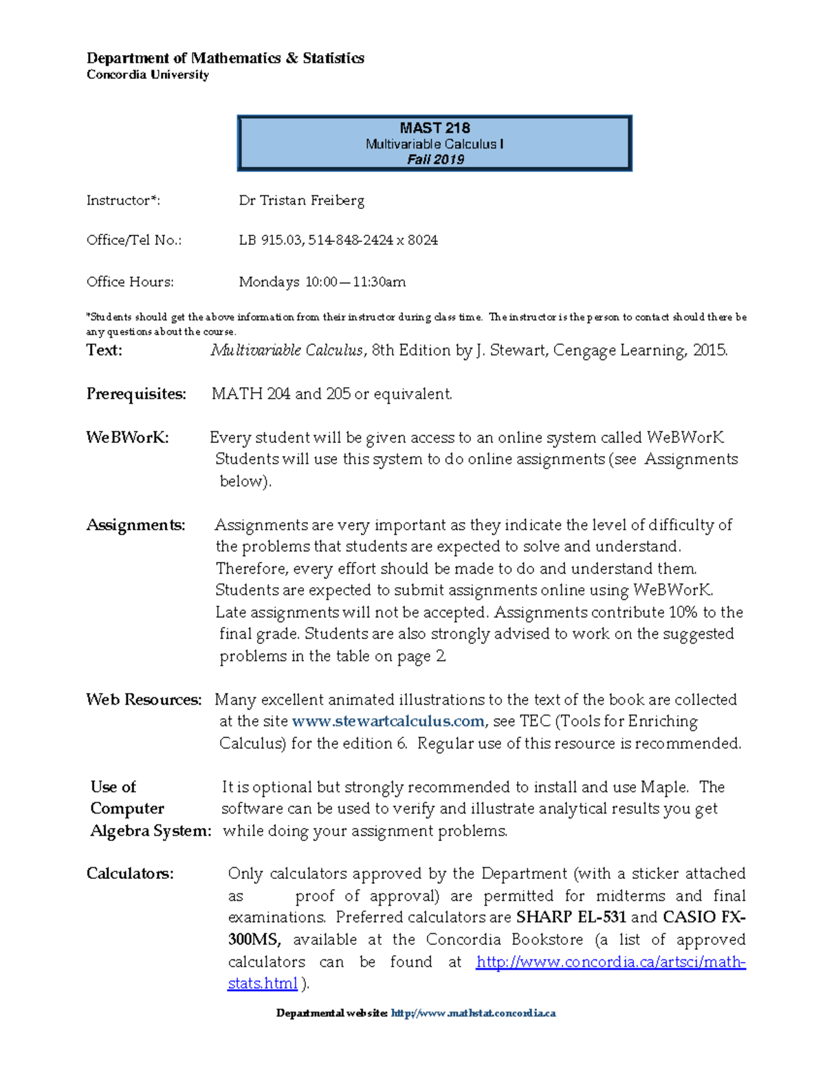 MAST 218 Course Outline - Concordia University - Departmental website ...