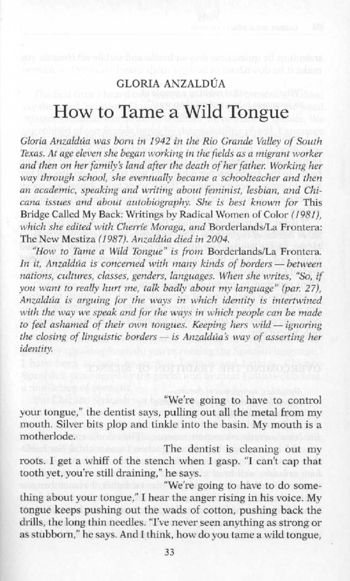 Anzaldua-Wild-Tongue - GLORIA ANZALDUA How to Tame a Wild Tongue Gloria ...