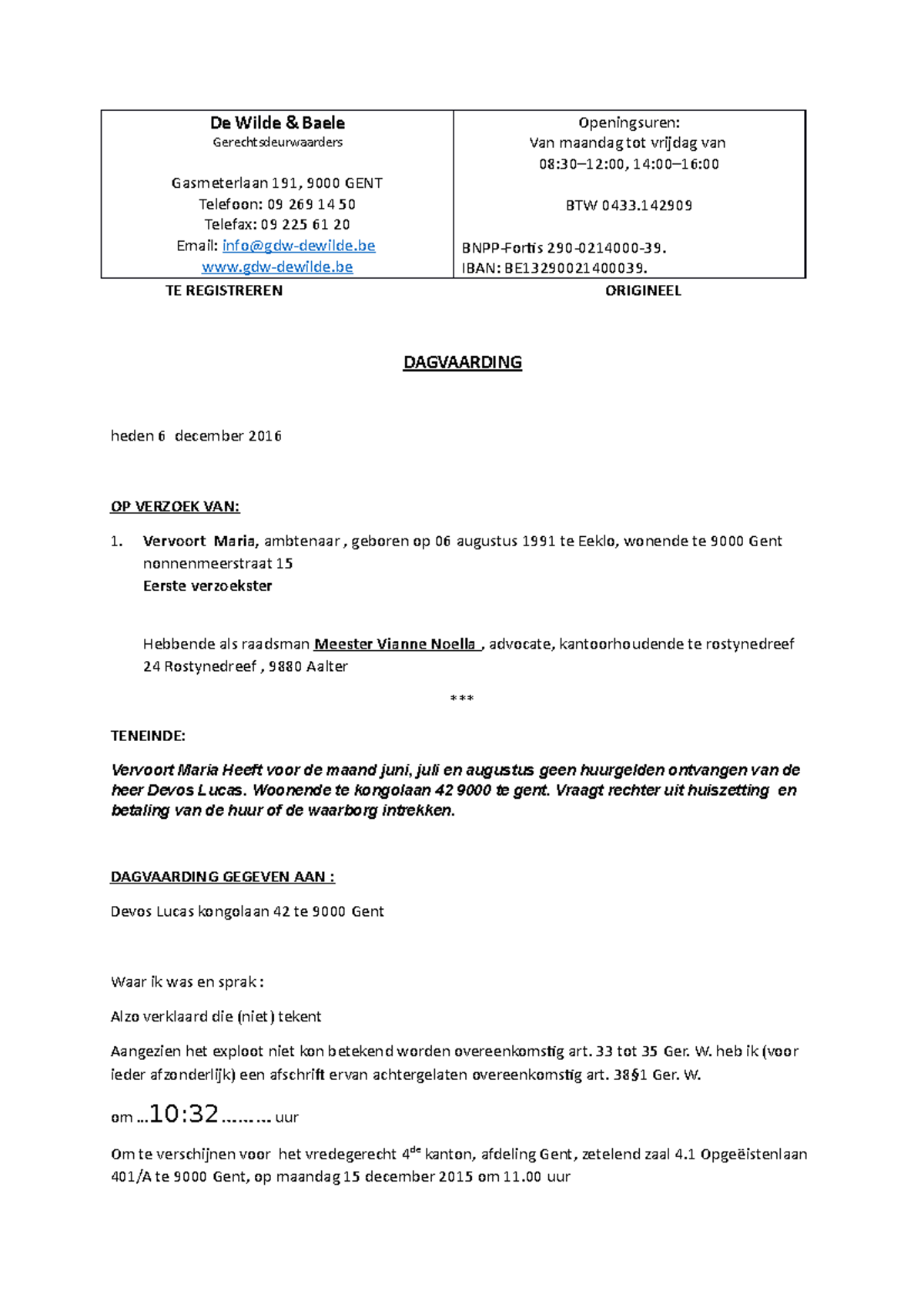 Dagvaarding - Warning: TT: more functions defined than expected De Wilde & Baele - Studocu