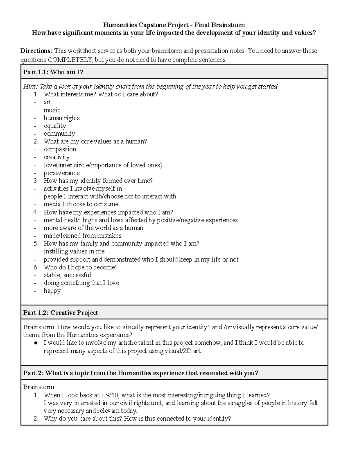 JH Humanities Capstone Project - Final Brainstorm - Humanities Capstone ...