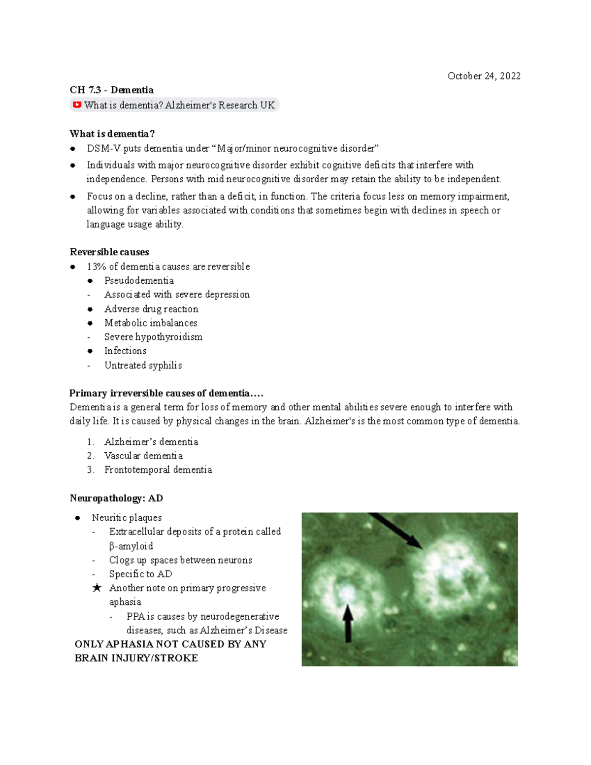 CH 7.3 - Dementia - October 24, 2022 CH 7 - Dementia What is dementia ...