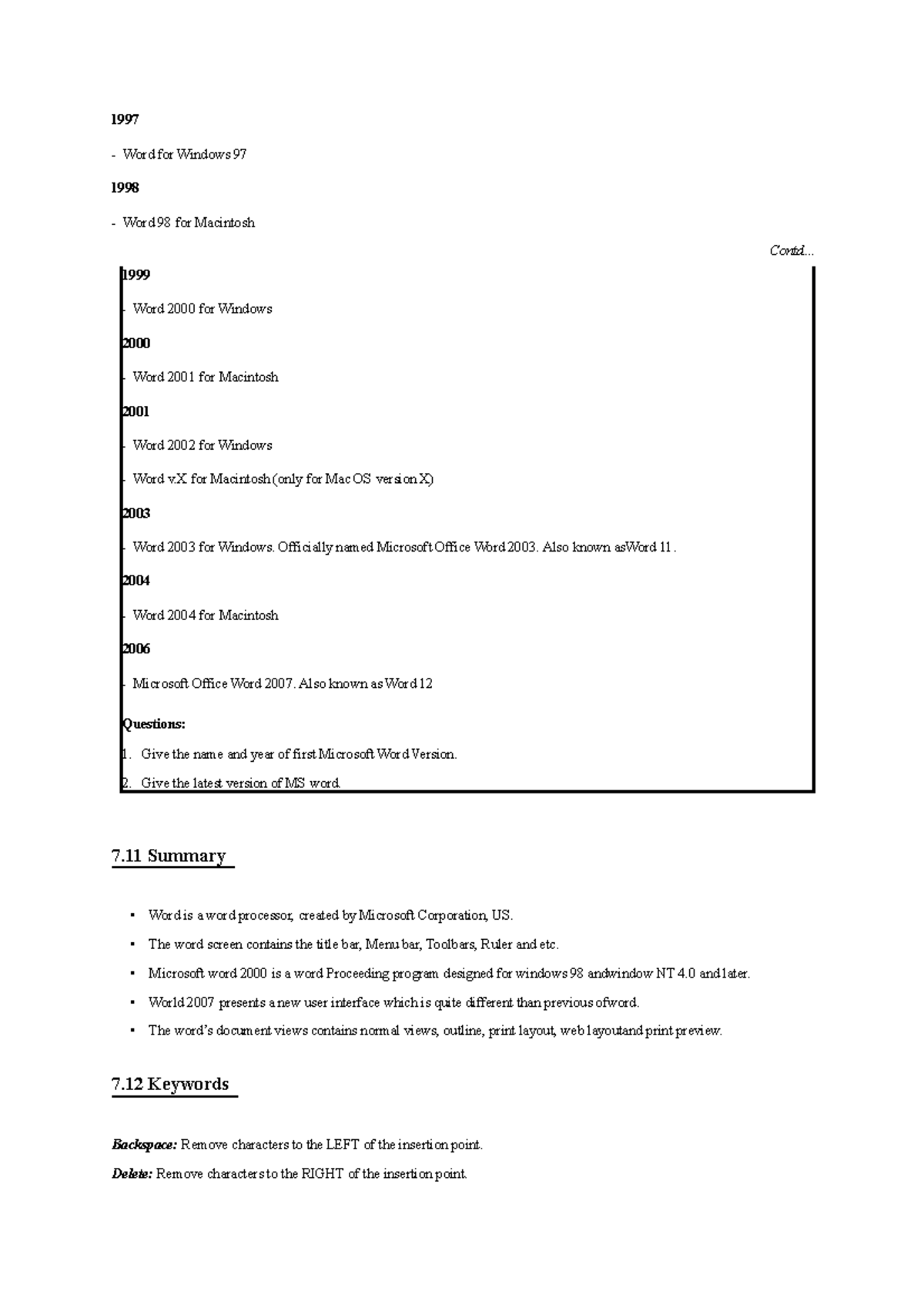 1 - notes - 1997 Word for Windows 97 1998 Word 98 for Macintosh Contd ...