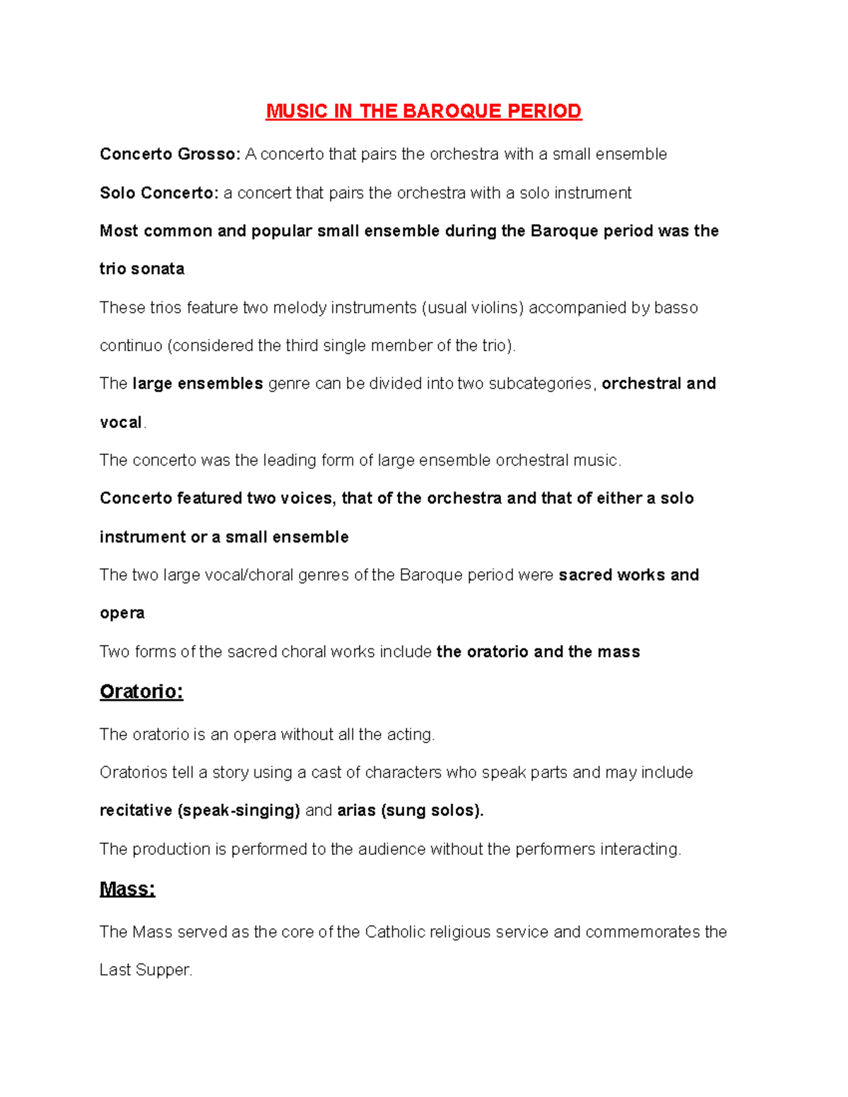 Music Study Guide - Notes/Definitions. - MUSIC IN THE BAROQUE PERIOD ...