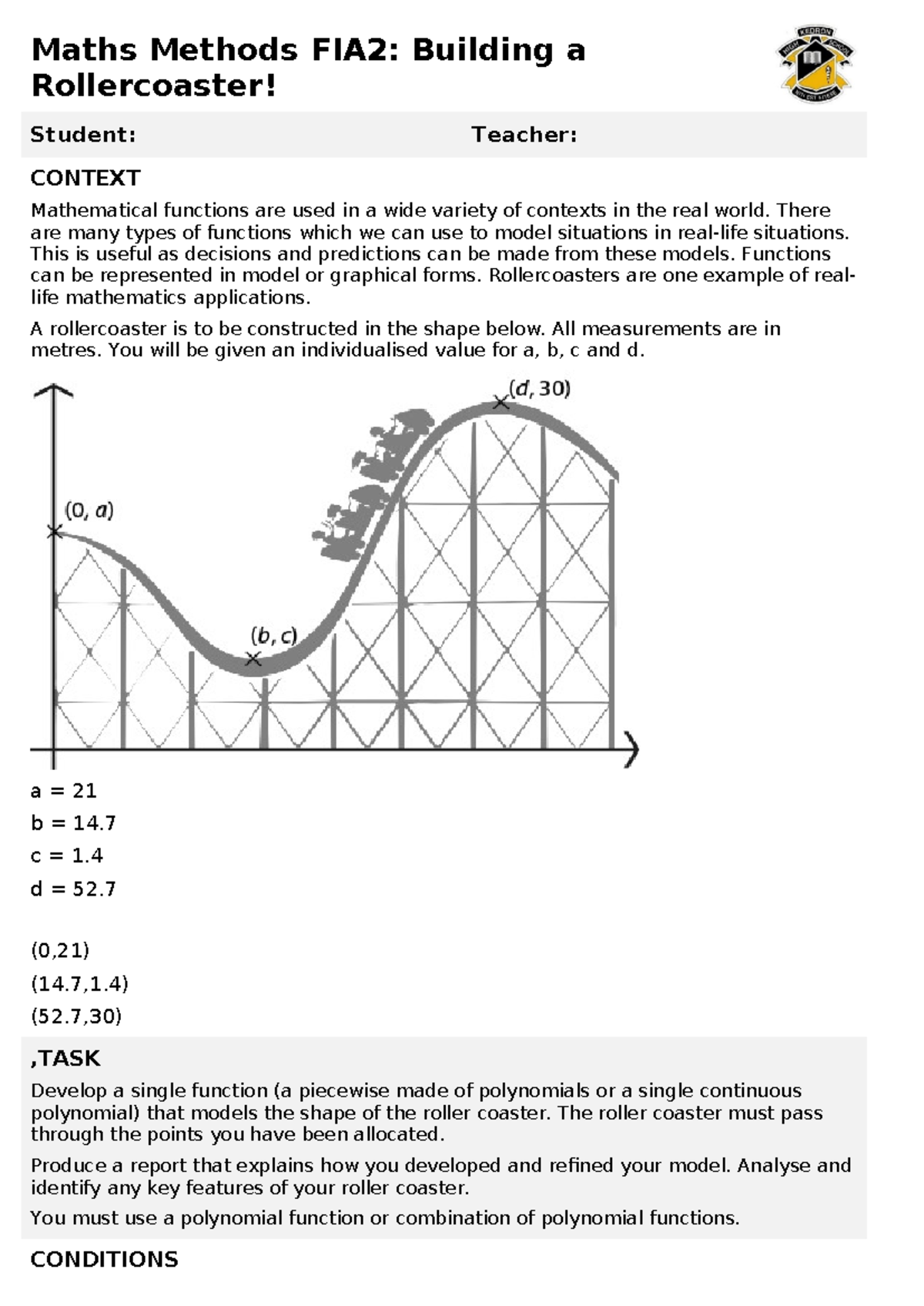 2023 Methods FIA2 - Maths Methods FIA2: Building a Rollercoaster ...