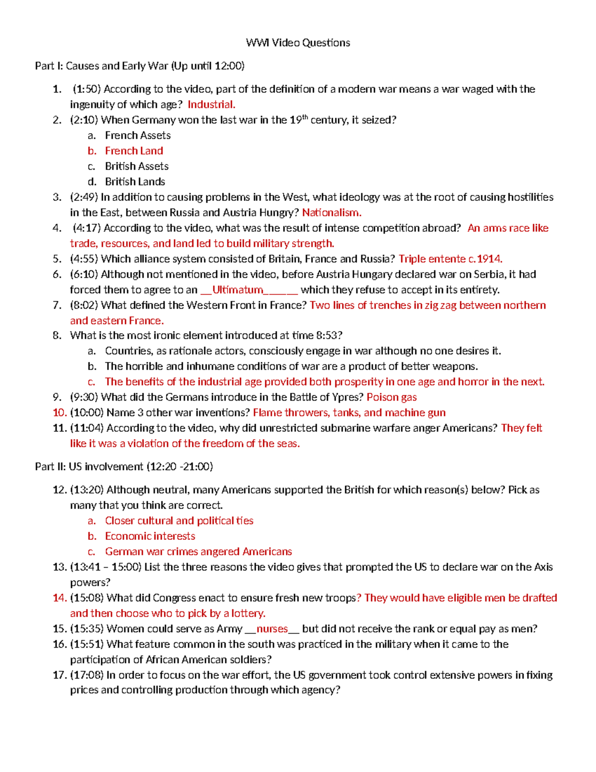 20 WWI Video Questions for history - Copy - Copy - WWI Video Questions ...