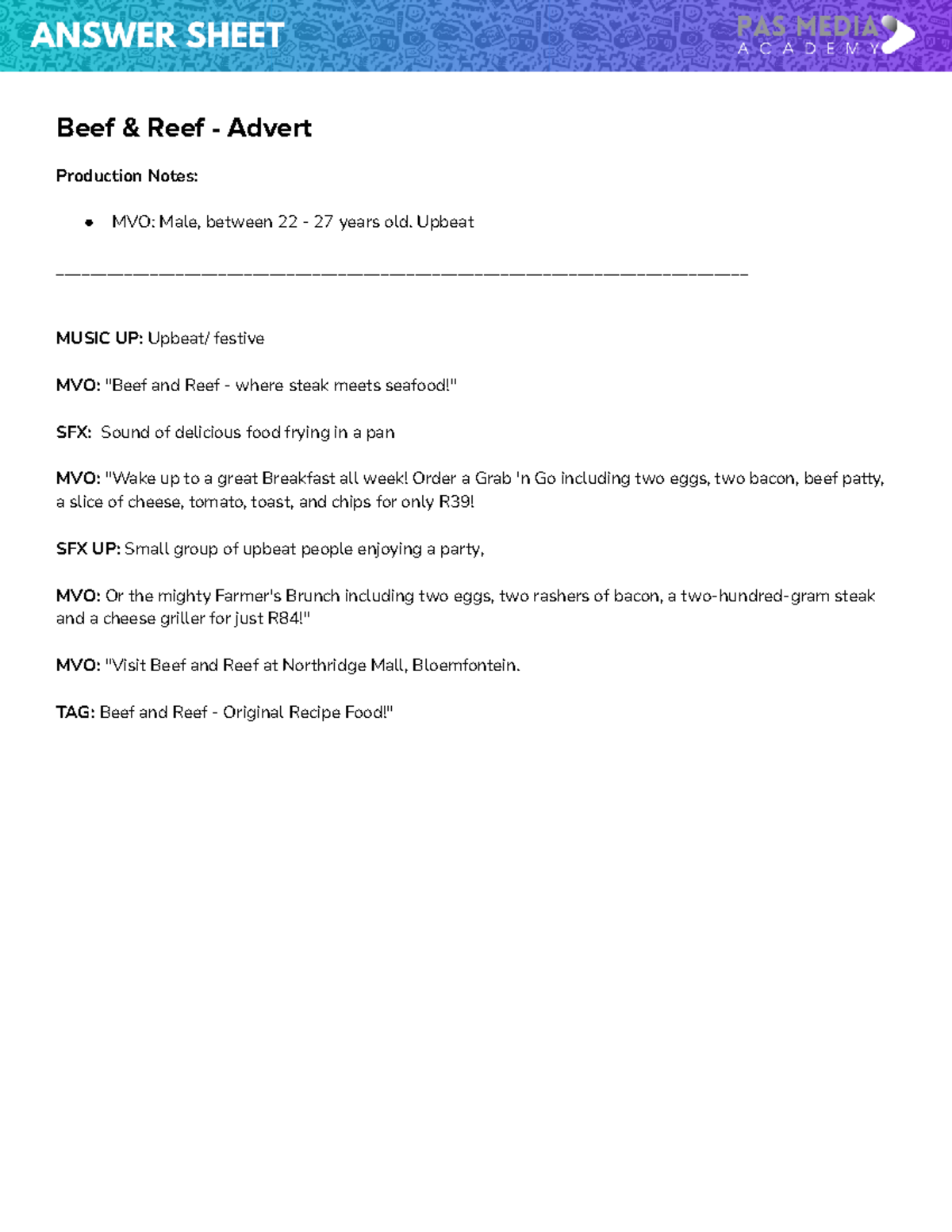 Producing Radio Ads Activity 3 Script - Beef & Reef - Advert Production ...