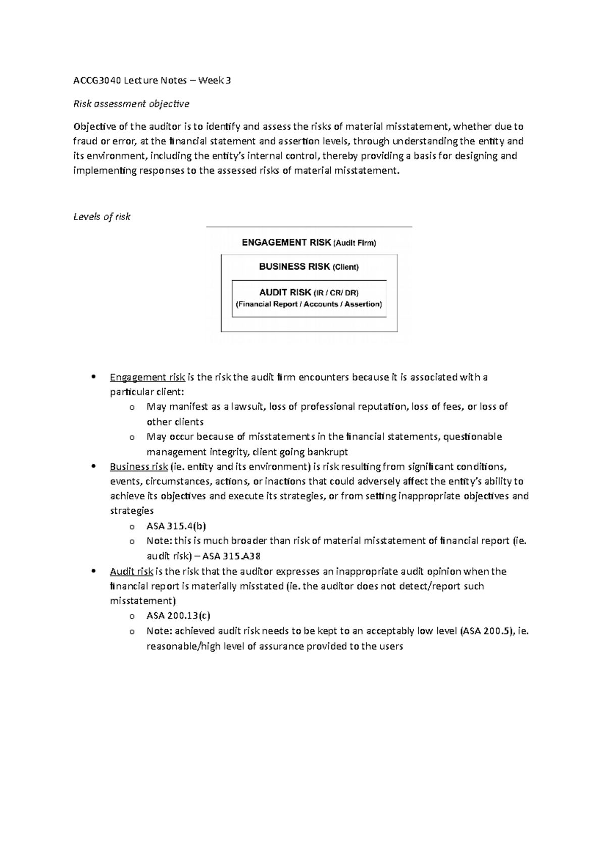 Lecture Notes - Week 3 - ACCG3040 Lecture Notes – Week 3 Risk ...