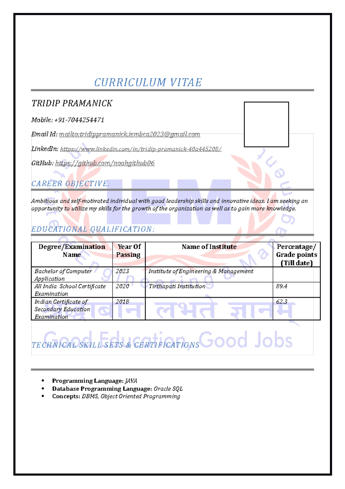 IEM CV Format BCA - thank you - CURRICULUM VITAE TRIDIP PRAMANICK ...
