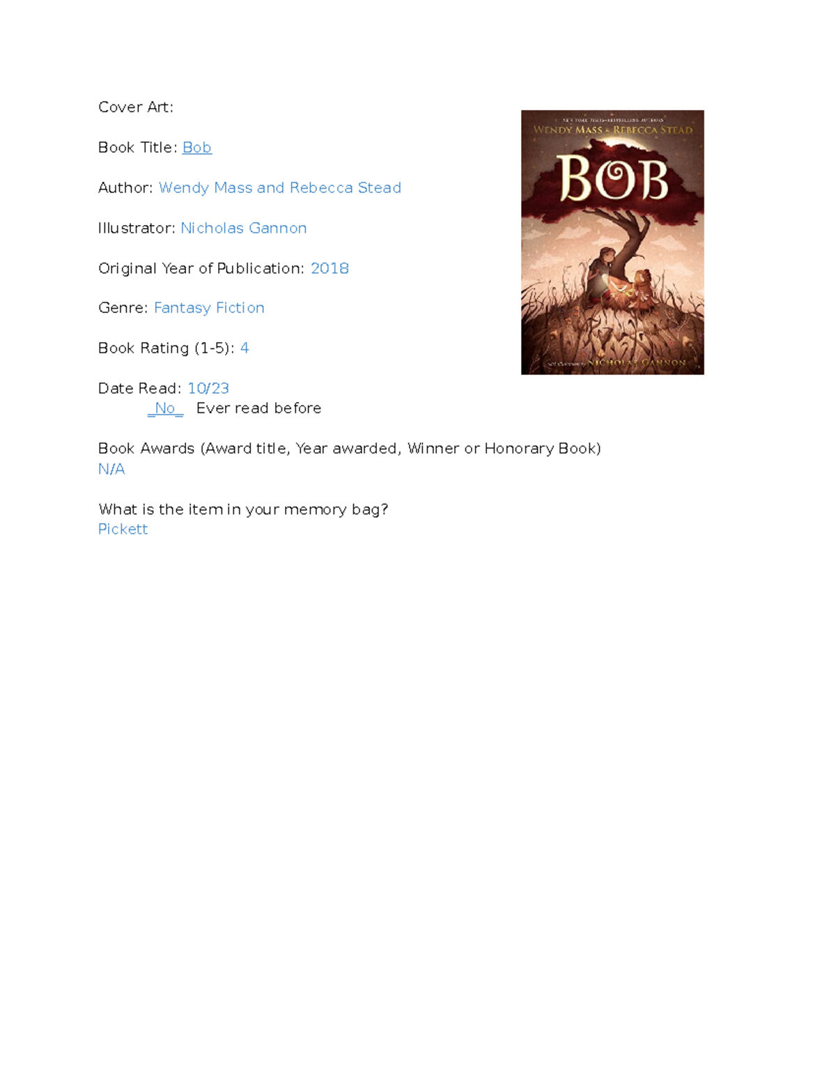 Bob memory bag activity form - Cover Art: Book Title: Bob Author: Wendy ...