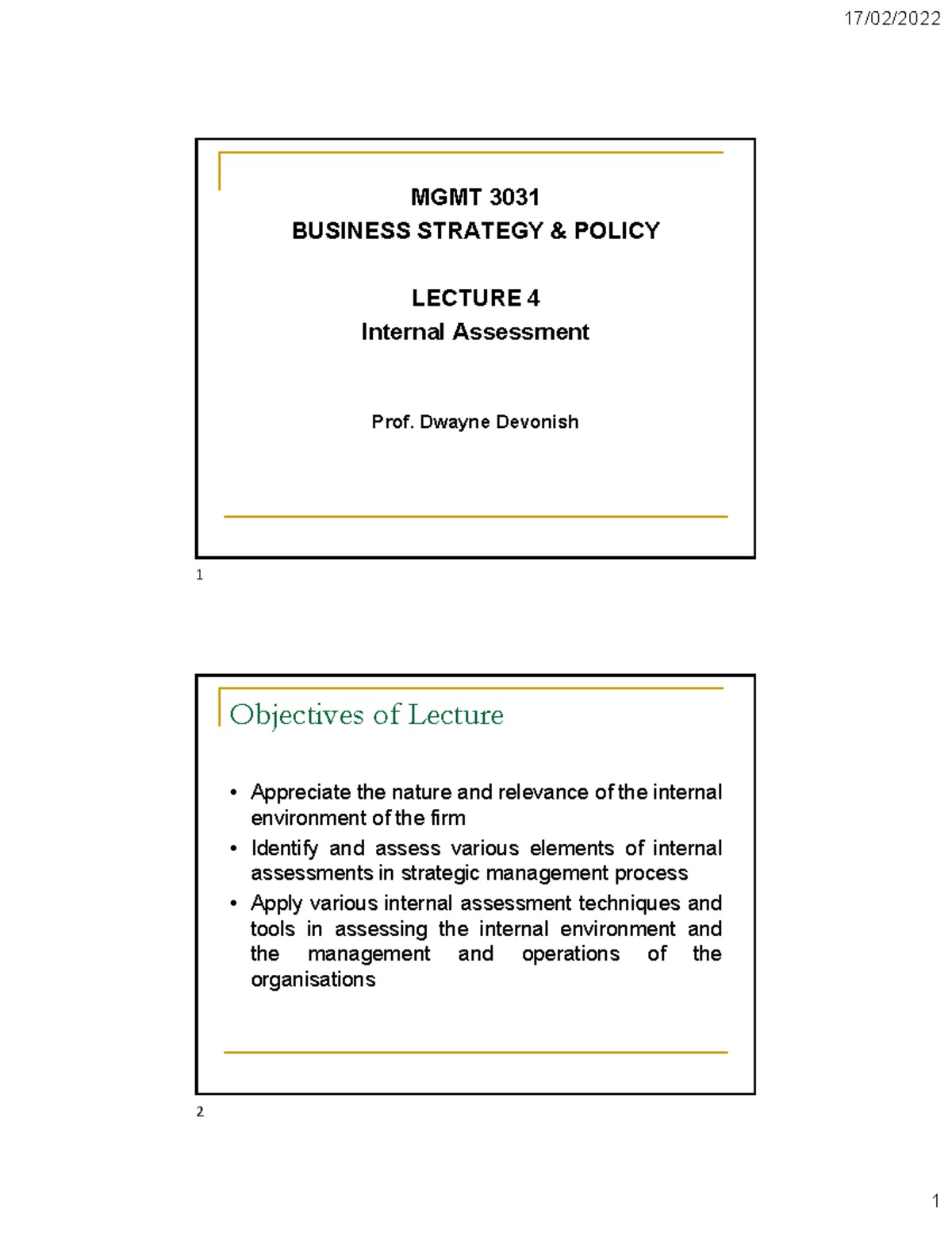 Lecture 4 Internal Assessment - MGMT 3031 BUSINESS STRATEGY & POLICY ...