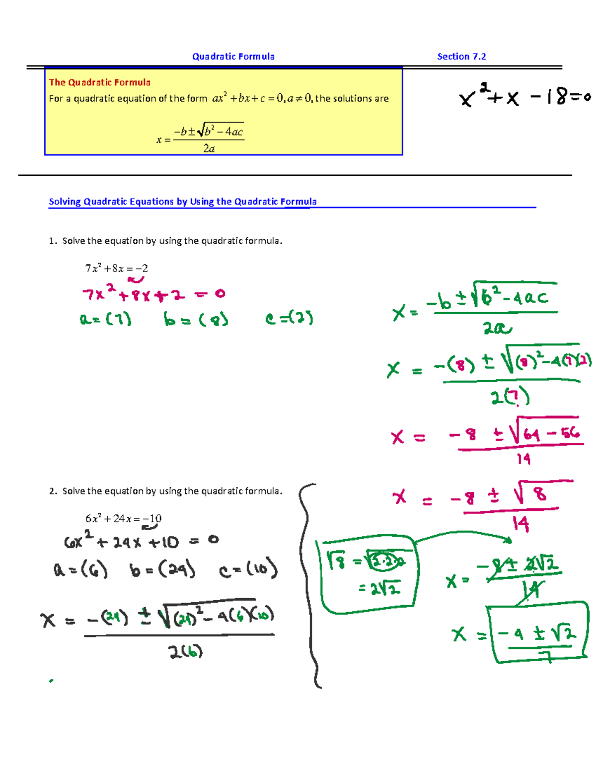 MAT 1033 6 14 2022 7 - Quadratic Formula Section 7. The Quadratic ...