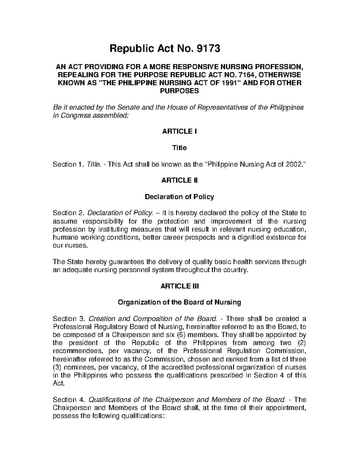 PH Nursing ACT - Republic Act No. 9173 AN ACT PROVIDING FOR A MORE ...