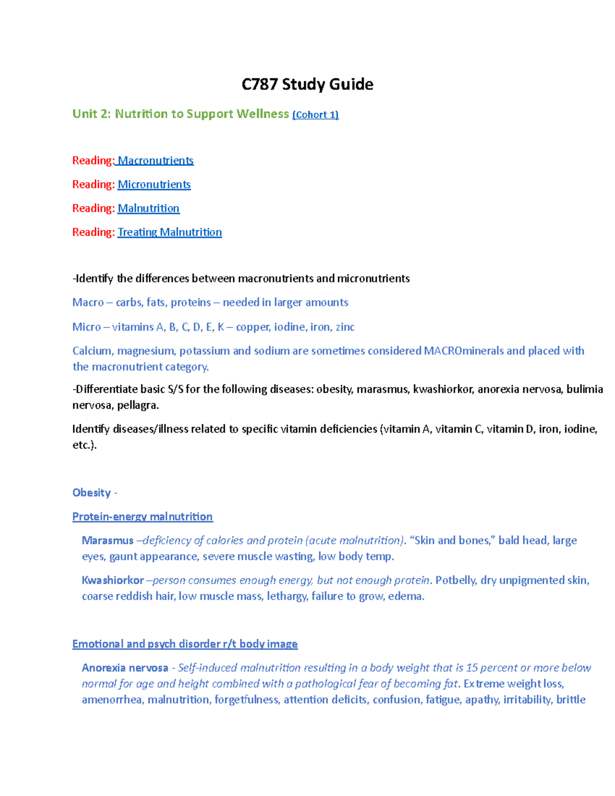 WGU C787 nutrition Study guide 2022 Unit 2: Nutrition to support ...