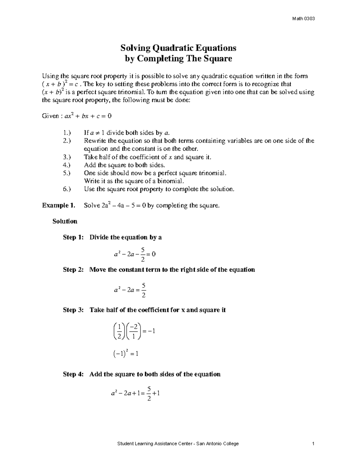 Math0303 completing the square - Solving Quadratic Equations by ...
