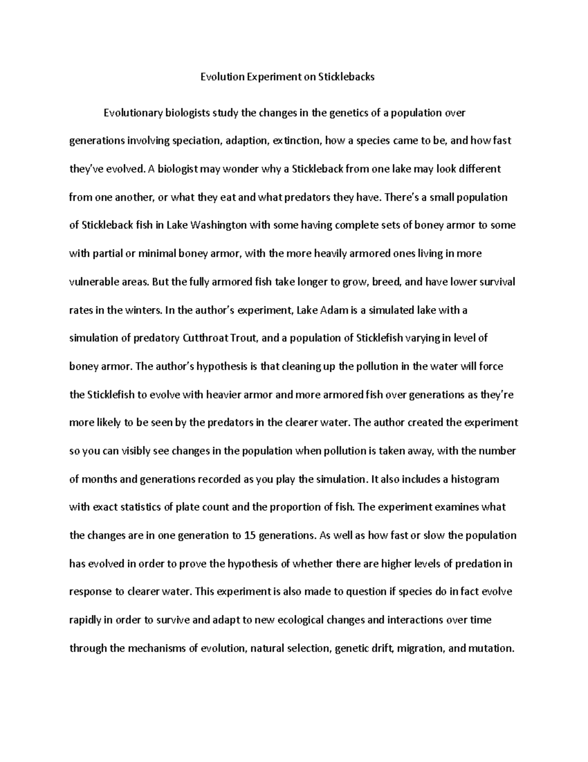 Sticklefish Evolution - Evolution Experiment on Sticklebacks ...