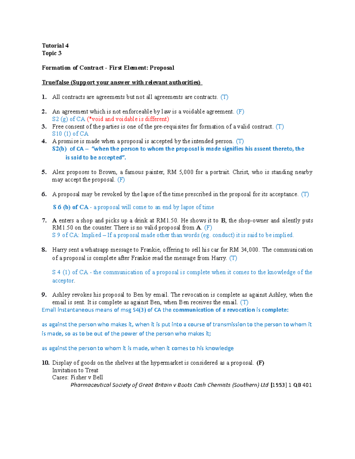 TUT 4 - Topic 3 (PART A) - GPoL - Tutorial 4 Topic 3 Formation of Contract - First Element ...