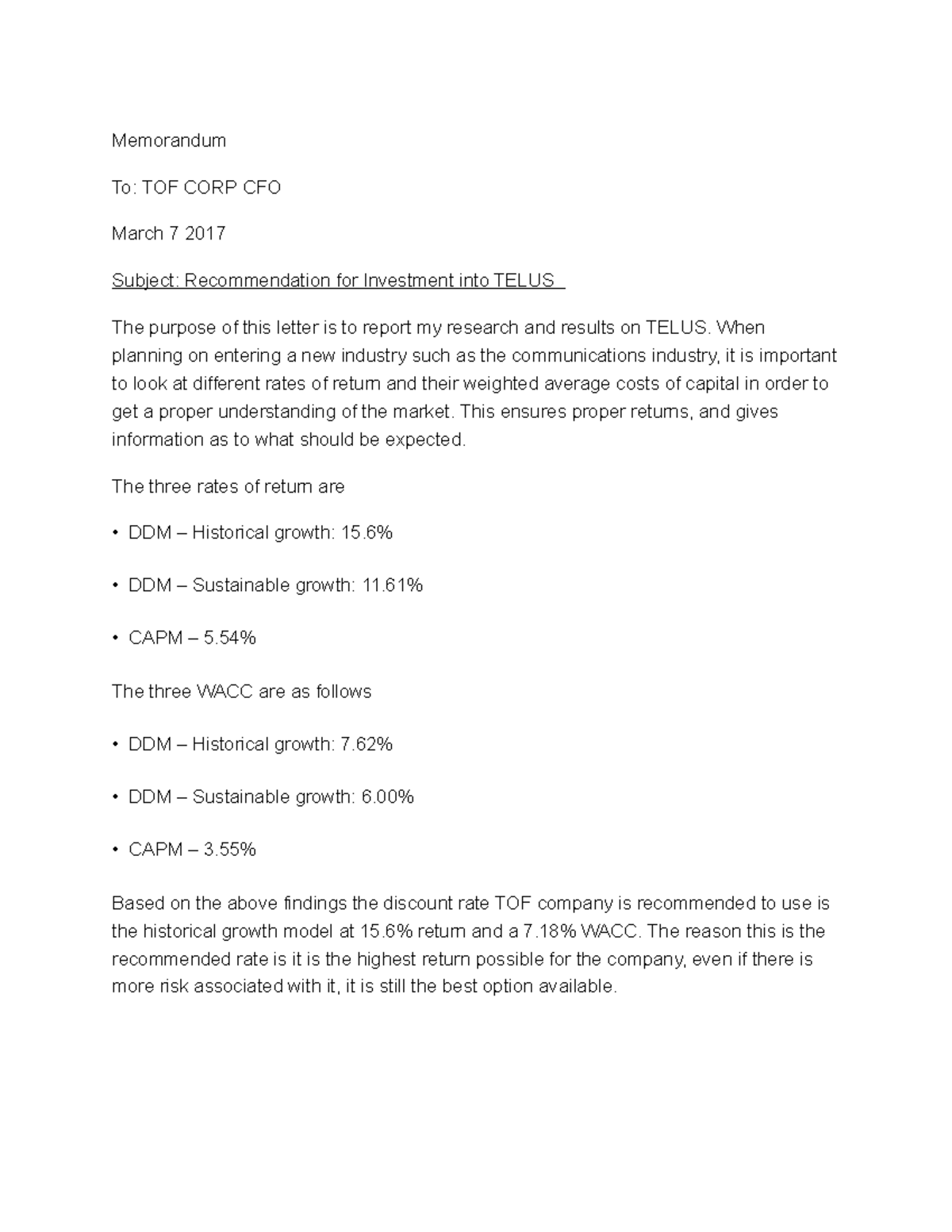 Memorandum - Company analysis - Memorandum To: TOF CORP CFO March 7 ...