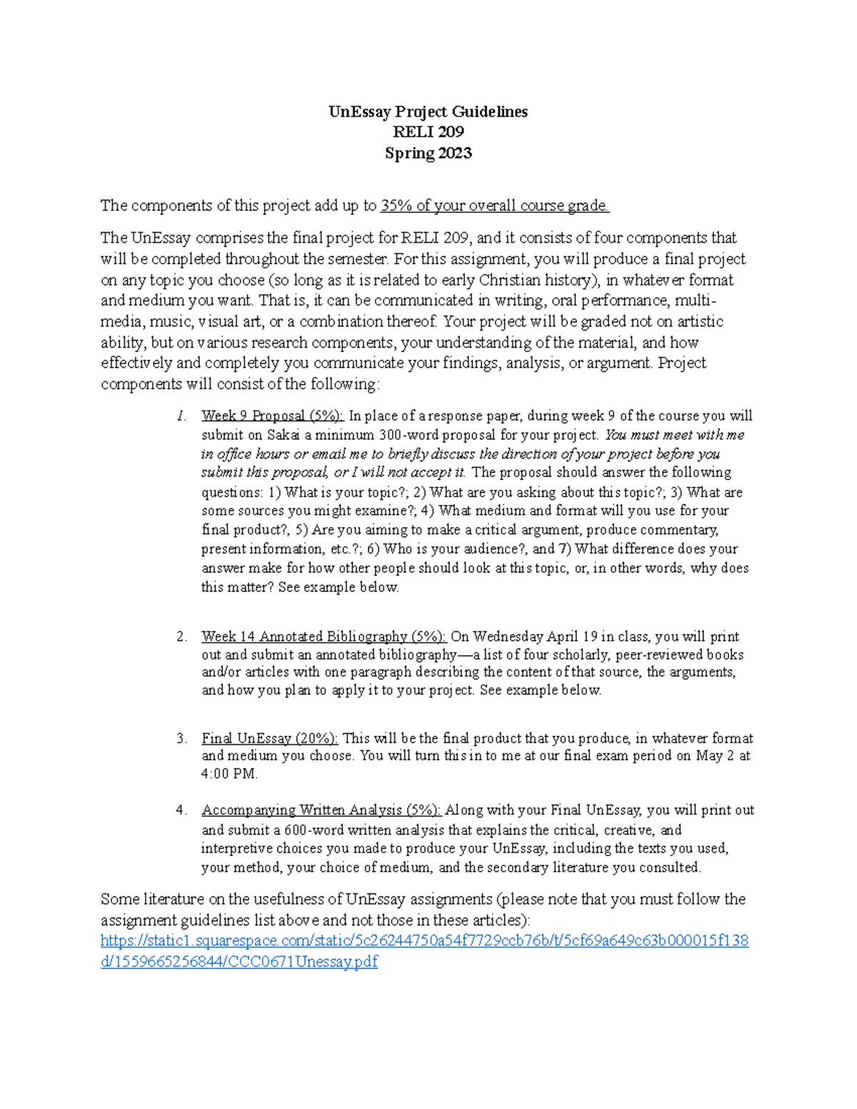 RELI 209 Spring 23 Unessay - UnEssay Project Guidelines RELI 209 Spring ...
