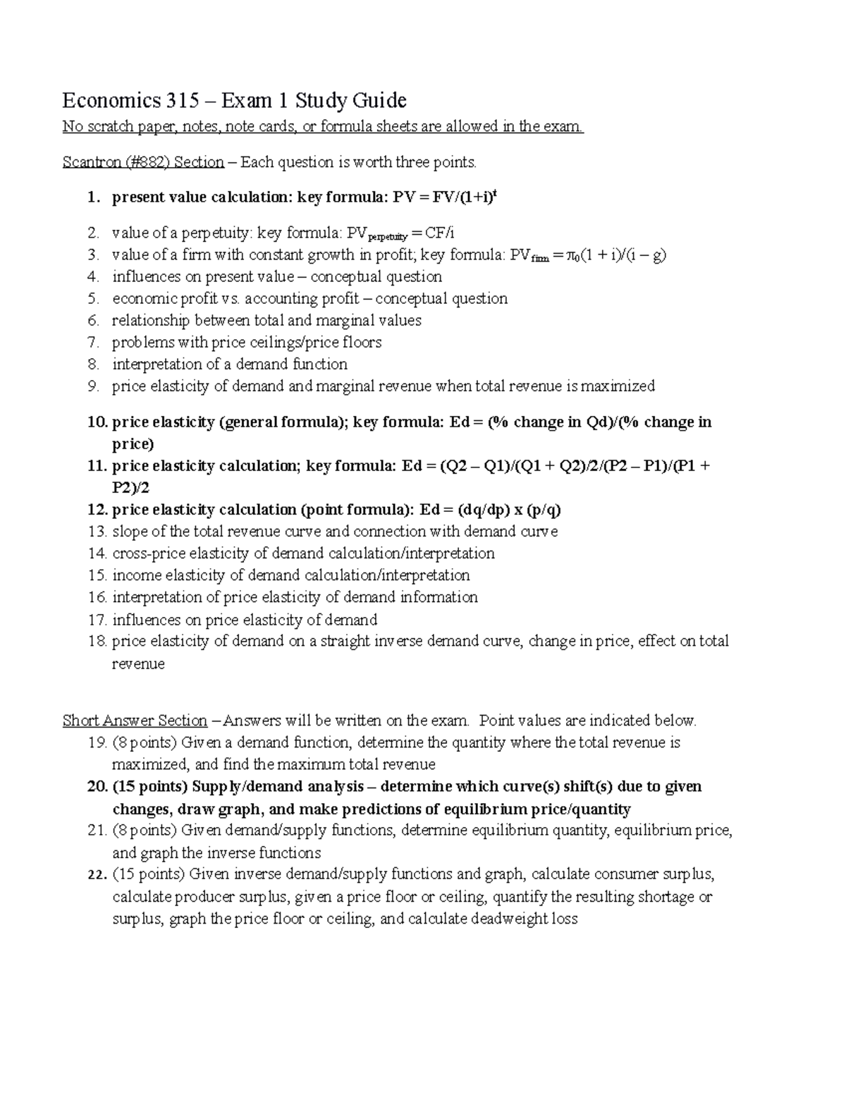 Exam 1 study guide - school materials - Economics 315 – Exam 1 Study ...
