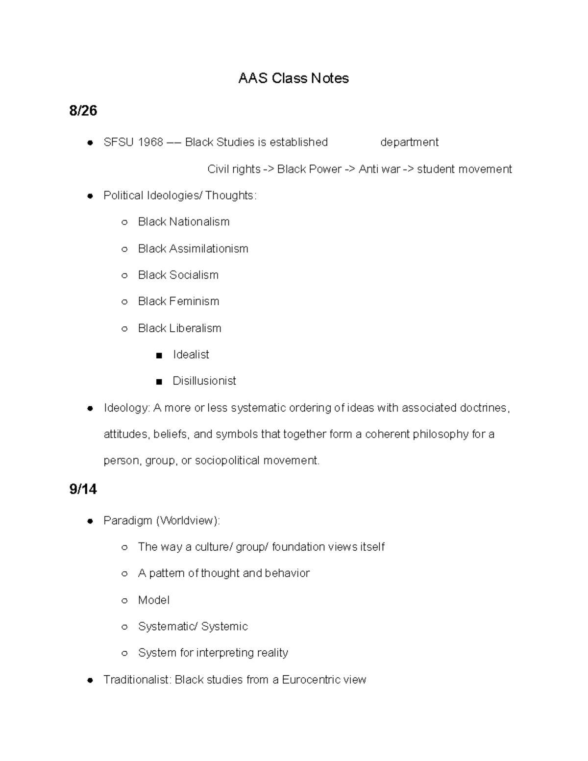 AAS Class Notes - N/A - AAS Class Notes 8/ SFSU 1968 - Black Studies is ...