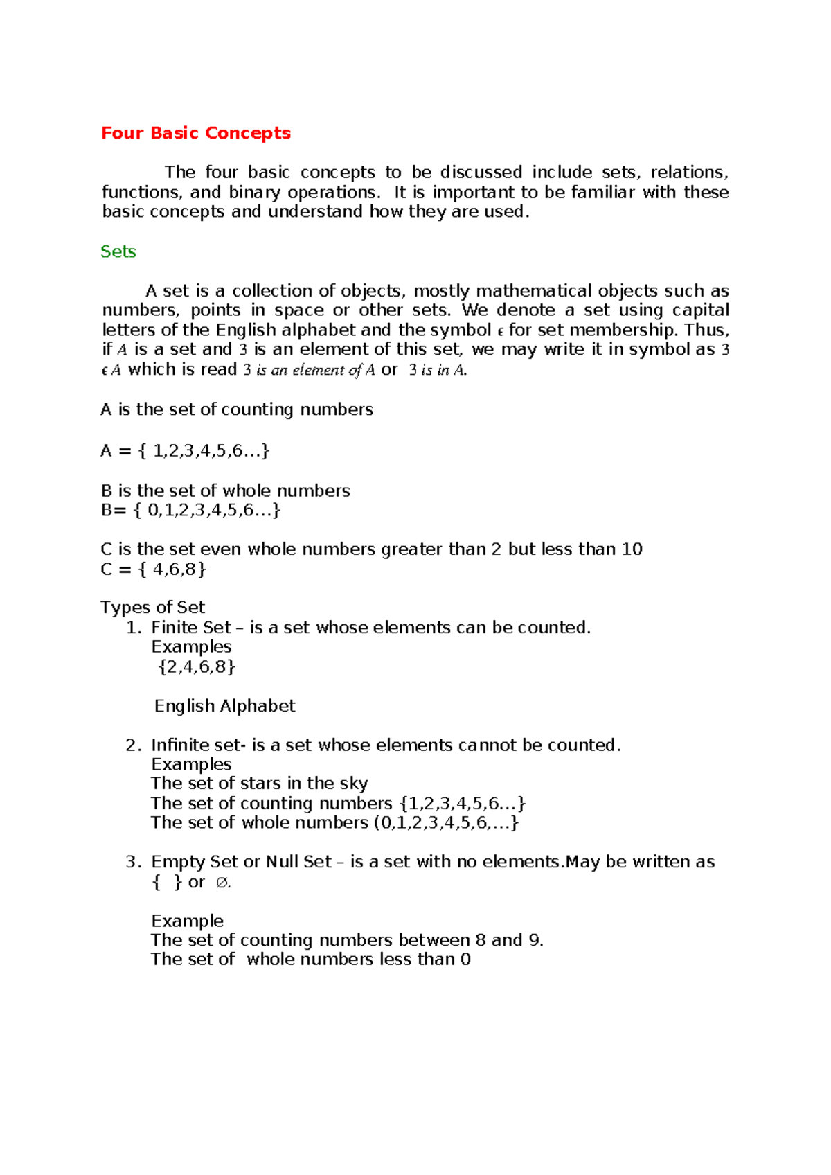 Sets - sets - Four Basic Concepts The four basic concepts to be discussed include sets ...