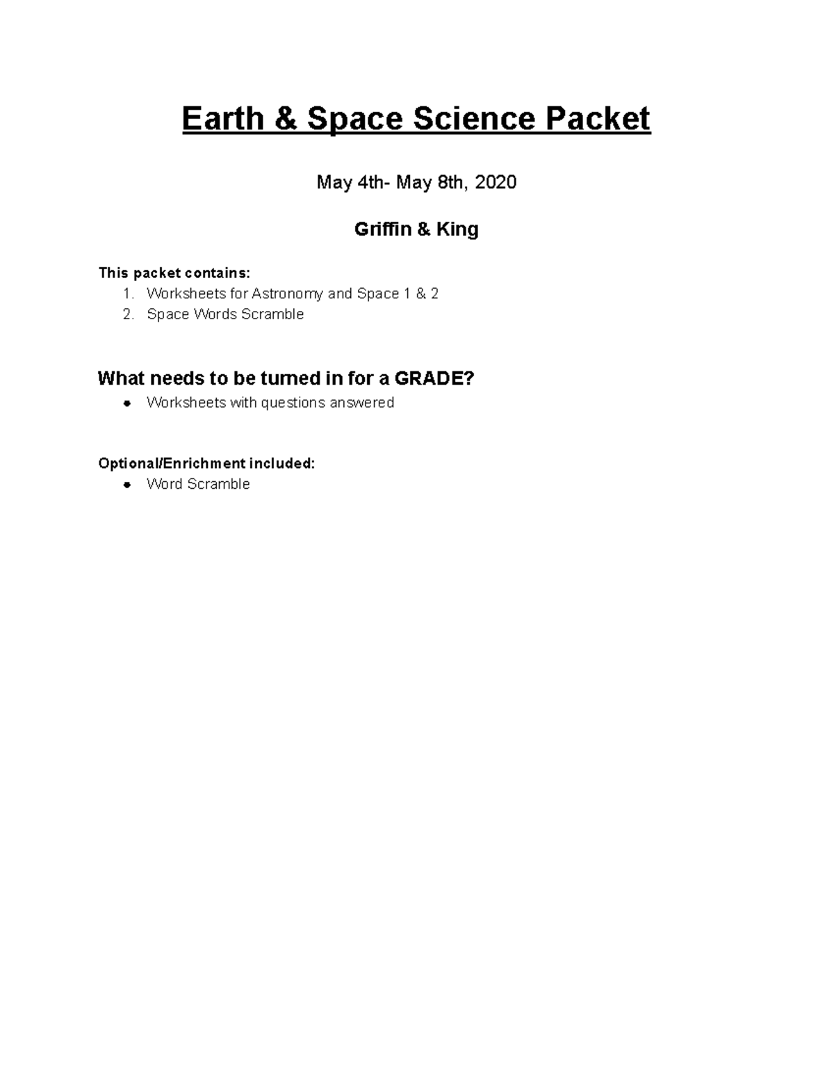 Earth & Space Packet 5-4 - Earth & Space Science Packet May 4th- May ...