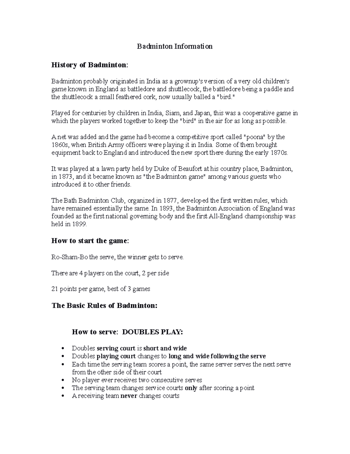 Badminton Information: History Rules and Shots - Studocu