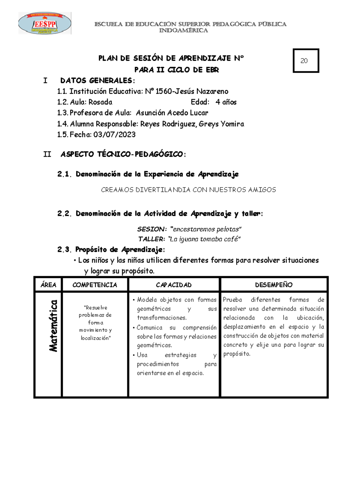 Sesion Y Taller (03-07-23) - PLAN DE SESIÓN DE APRENDIZAJE N° PARA II ...
