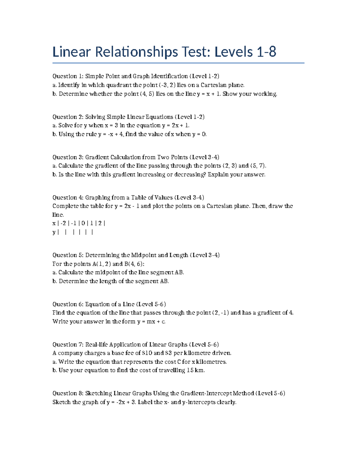 Linear Relationships Test Levels 1-8 - Linear Relationships Test ...