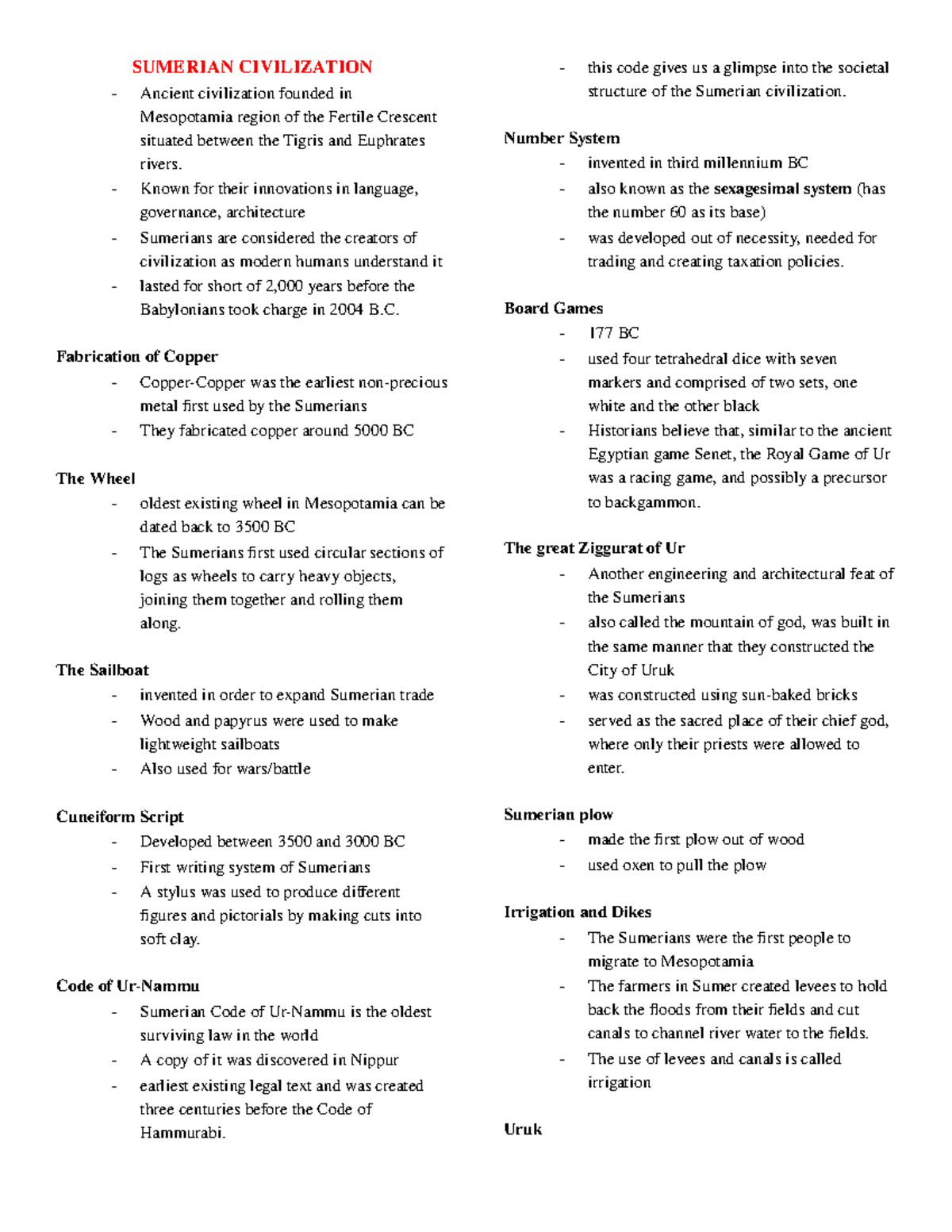 Notes about the Sumerian Civilization - SUMERIAN CIVILIZATION - Ancient ...