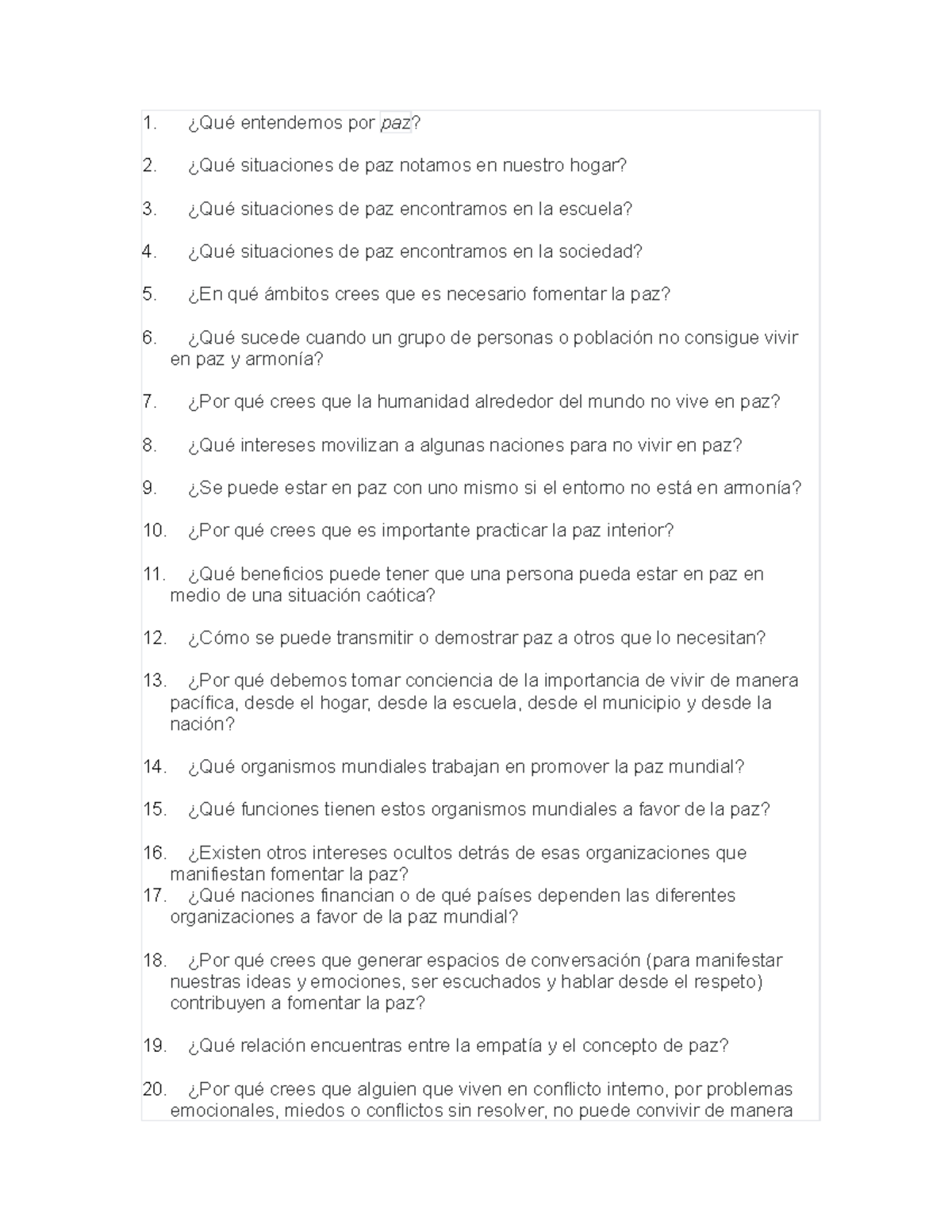 Qué entendemos por paz Doris Cuestionario - ¿Qué entendemos por paz ...