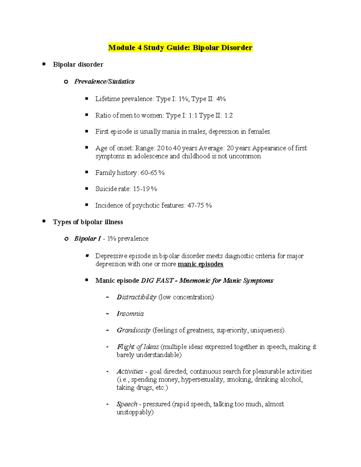 Module 4 Study Bipolar Disorder - Module 4 Study Guide: Bipolar ...