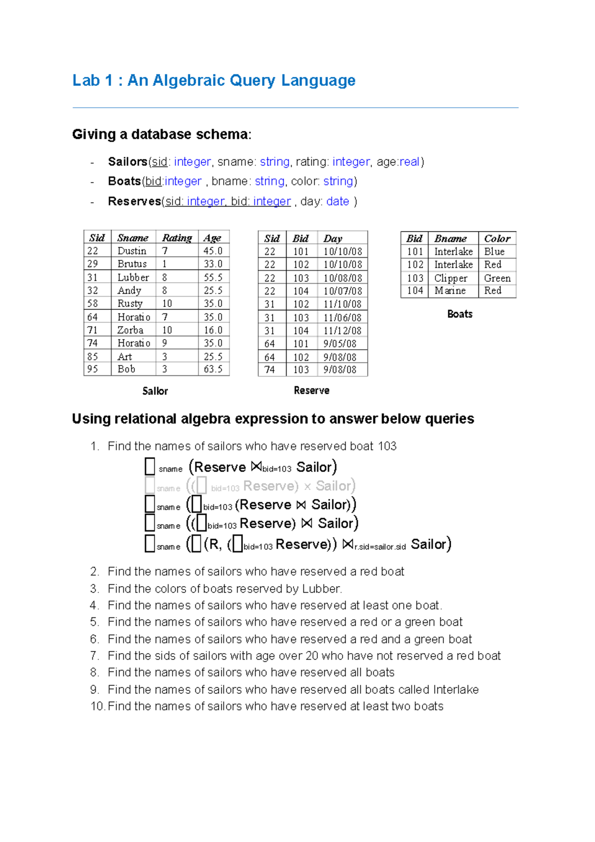 Lab1 - sdsdsasad - Boats Lab 1 : An Algebraic Query Language Giving a database schema: - - Studocu