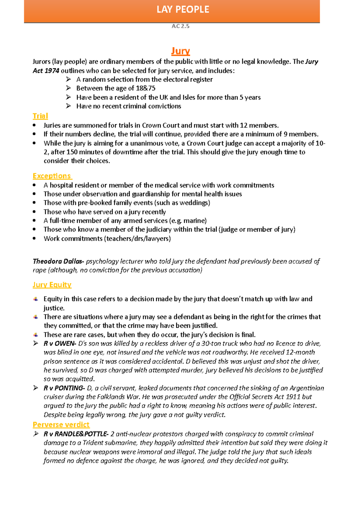 lay people (regular) - AC 2. Jury Jurors (lay people) are ordinary ...