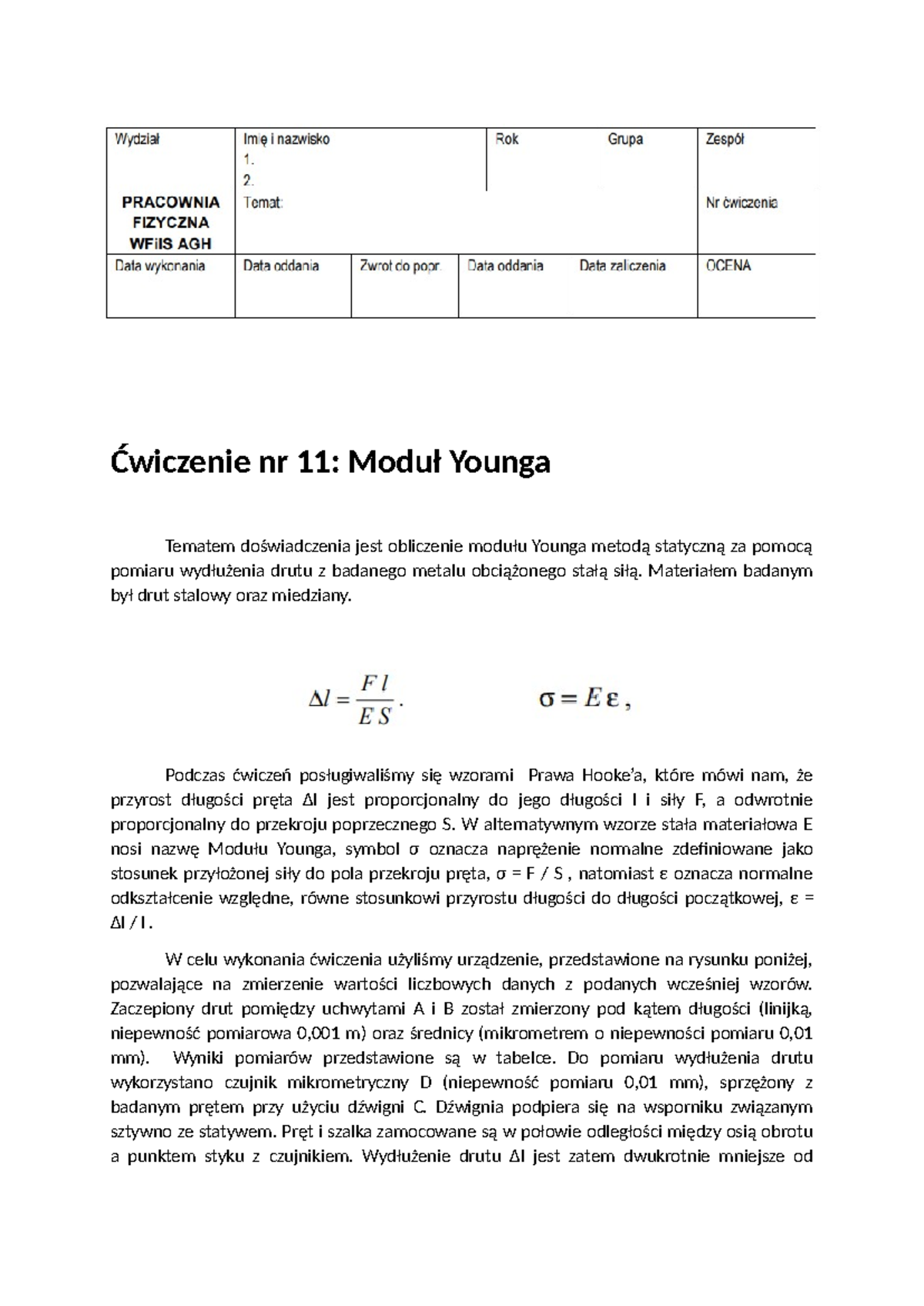 Moduł Younga - Laby git obliczenia u Chodynia - Ćwiczenie nr 11: Moduł ...
