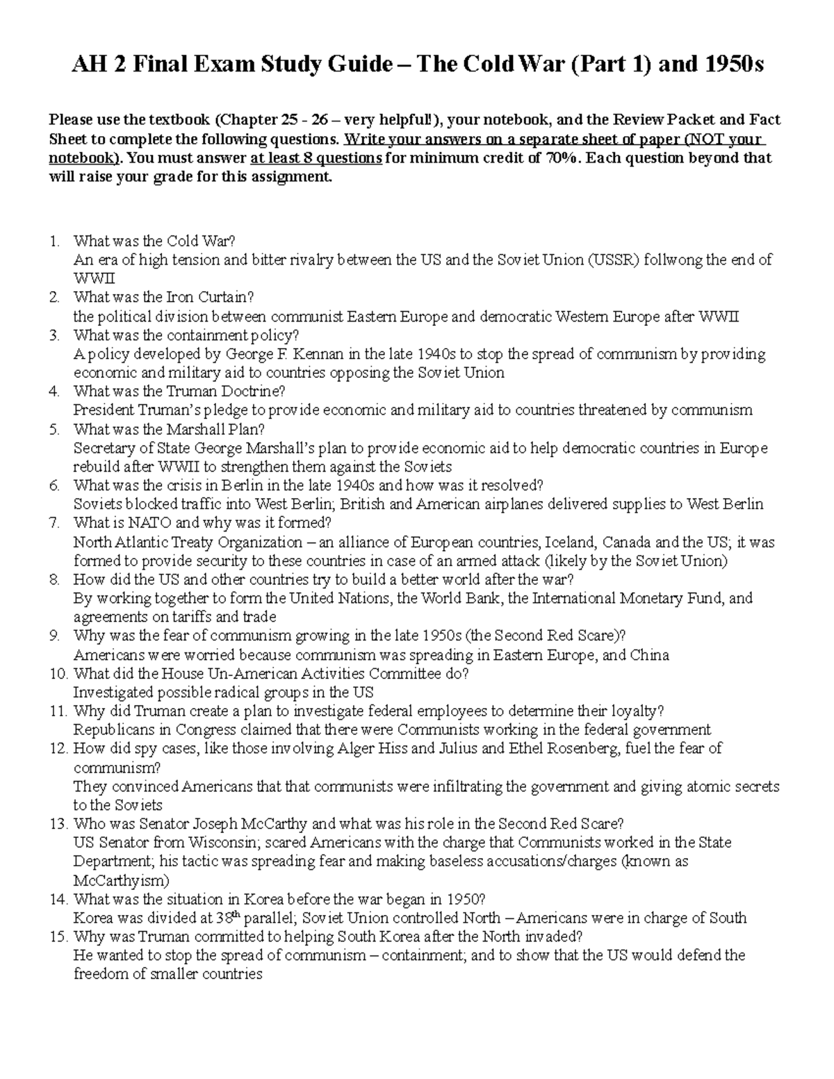 NCFE Study Guide Cold War PT 1 1950s Key - AH 2 Final Exam Study Guide ...