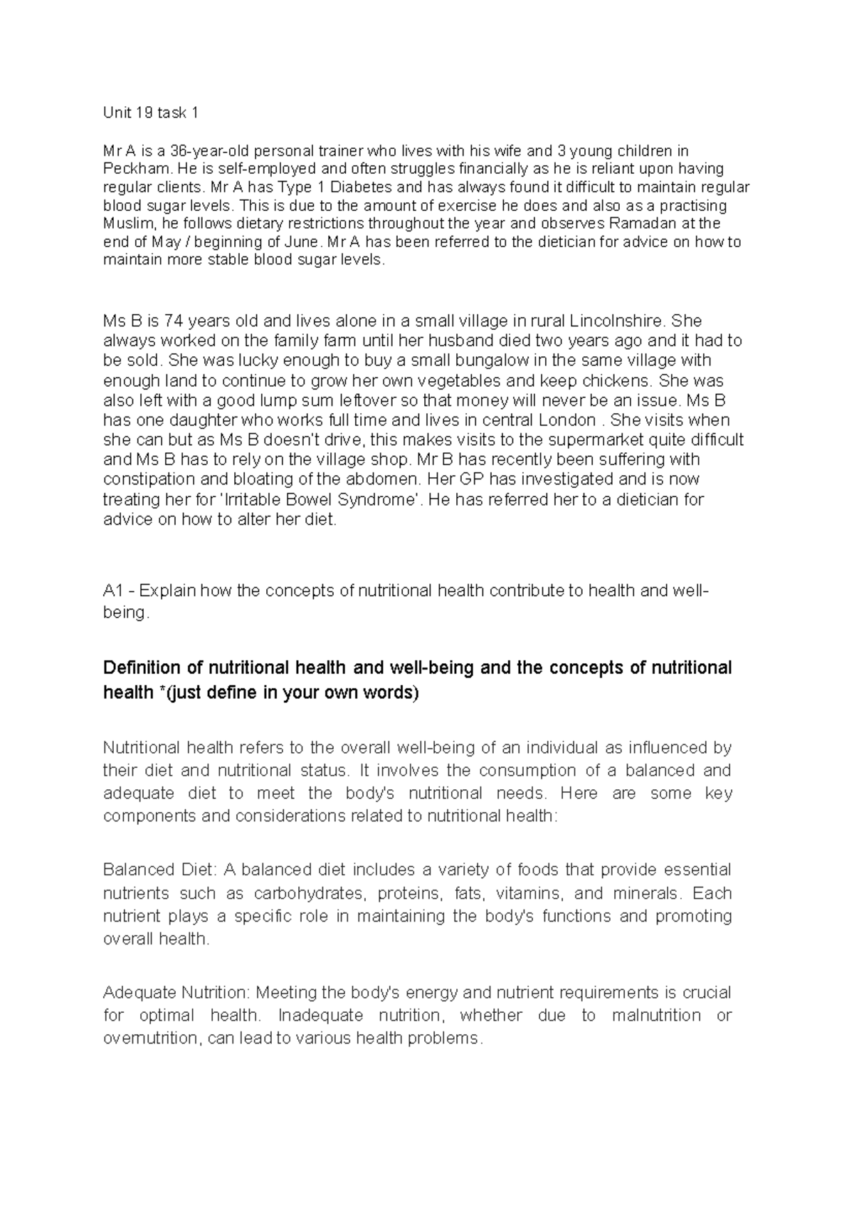 Unit 19 task 1 - Unit 19 task l - Unit 19 task 1 Mr A is a 36-year-old ...