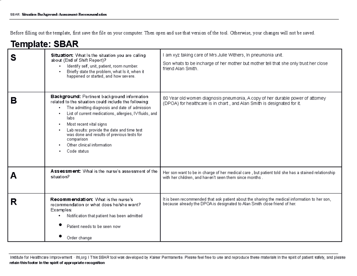 Julie sbar - SBAR term 1 - SBAR: Situation-Background-Assessment ...