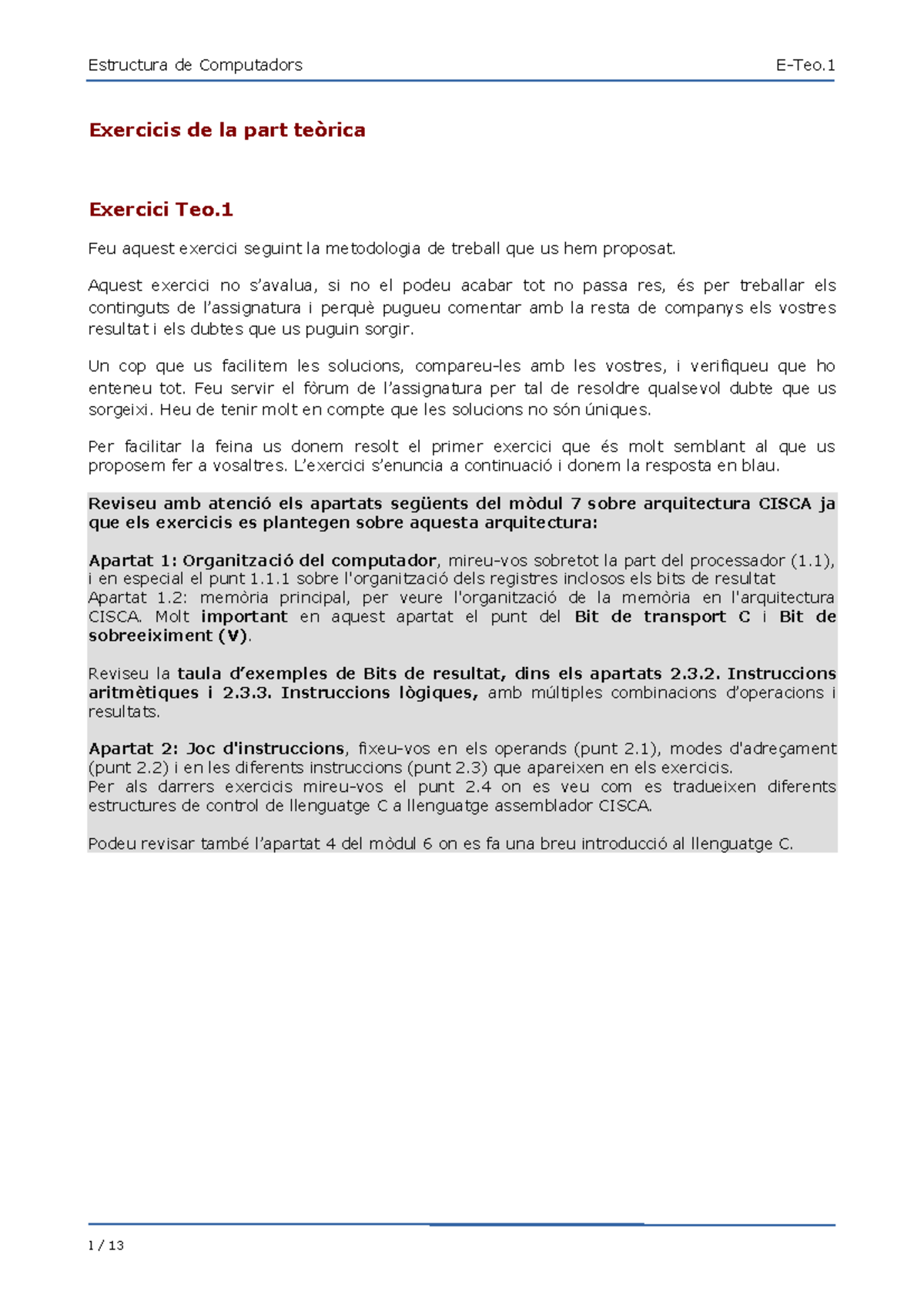 EC ETeo-1 (enunciat) - Exercici practic 1 - Exercicis de la part teòrica Exercici Teo. Feu ...