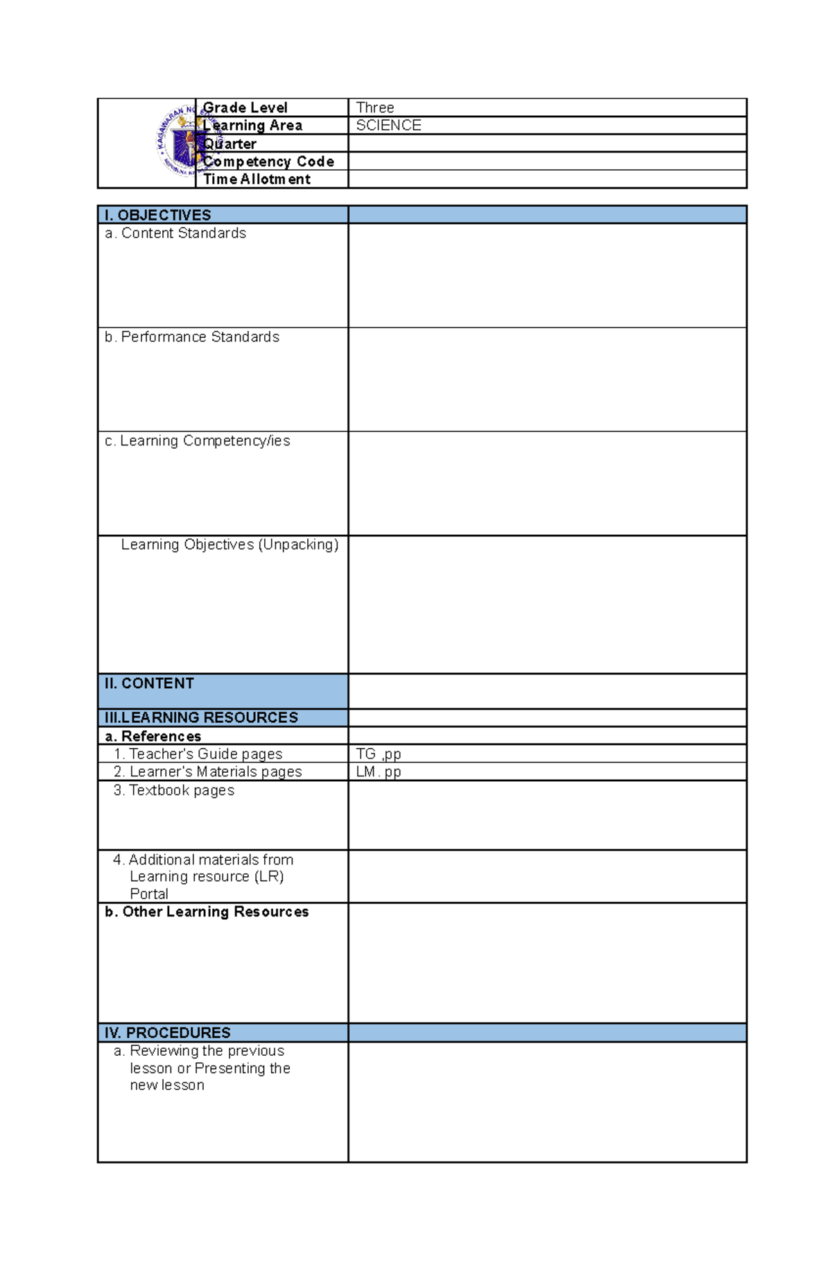 DLP Science 3 template - detailed lesson plan - Grade Level Three ...